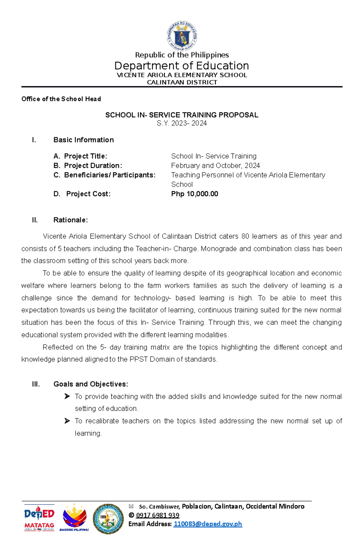 Inset Proposal 2022- 2023 - Department of Education VICENTE ARIOLA ...