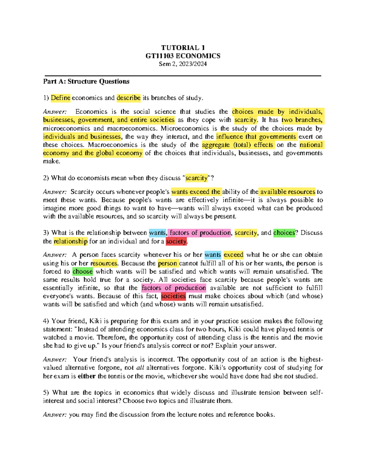 Tutorial Chapter 1 Answers - TUTORIAL 1 GT 11103 ECONOMICS Sem 2, 2023 ...