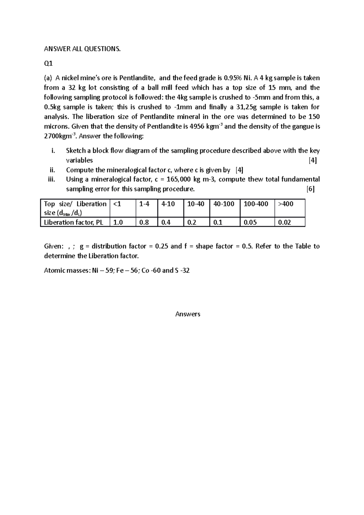 Assignment 5 Mineral Processing - ANSWER ALL QUESTIONS. Q (a) A nickel mine’s ore is Pentlandite ...