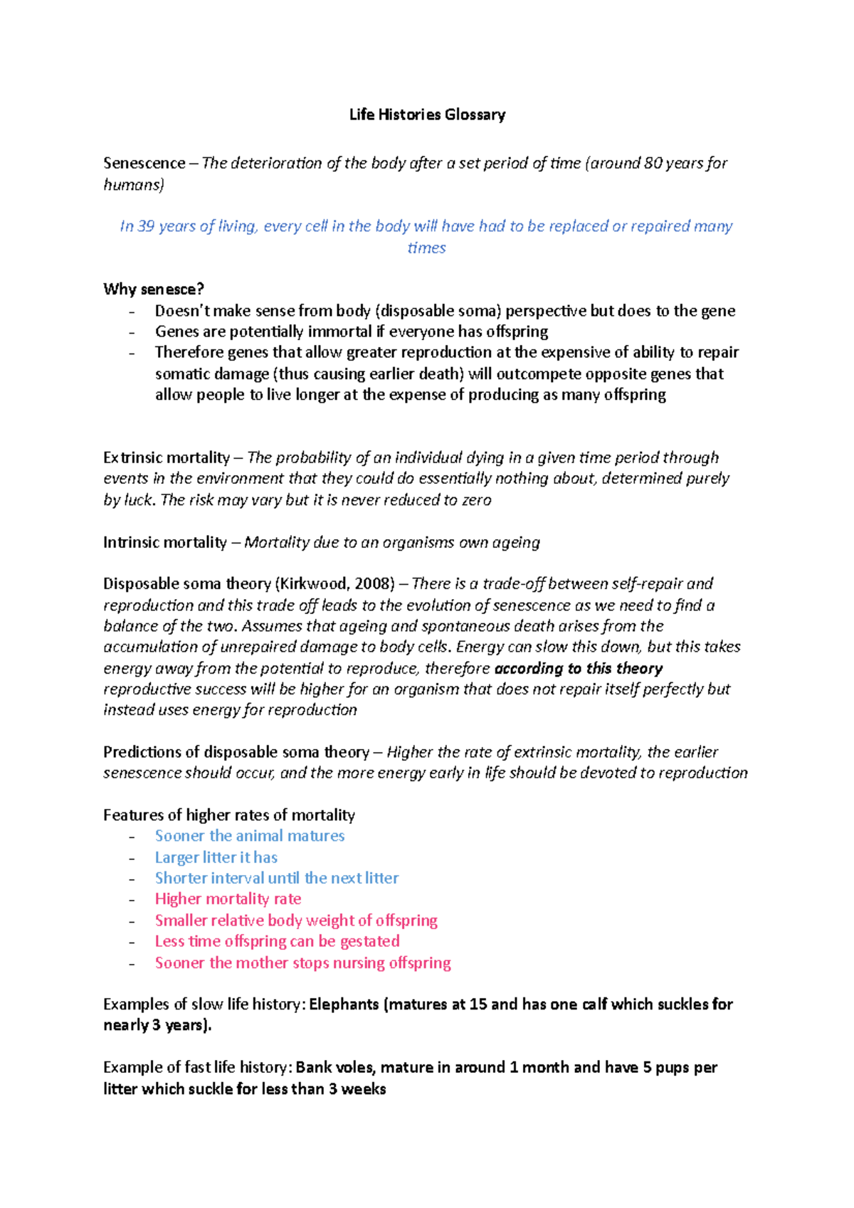 Life Histories Glossary - Life Histories Glossary Senescence – The ...