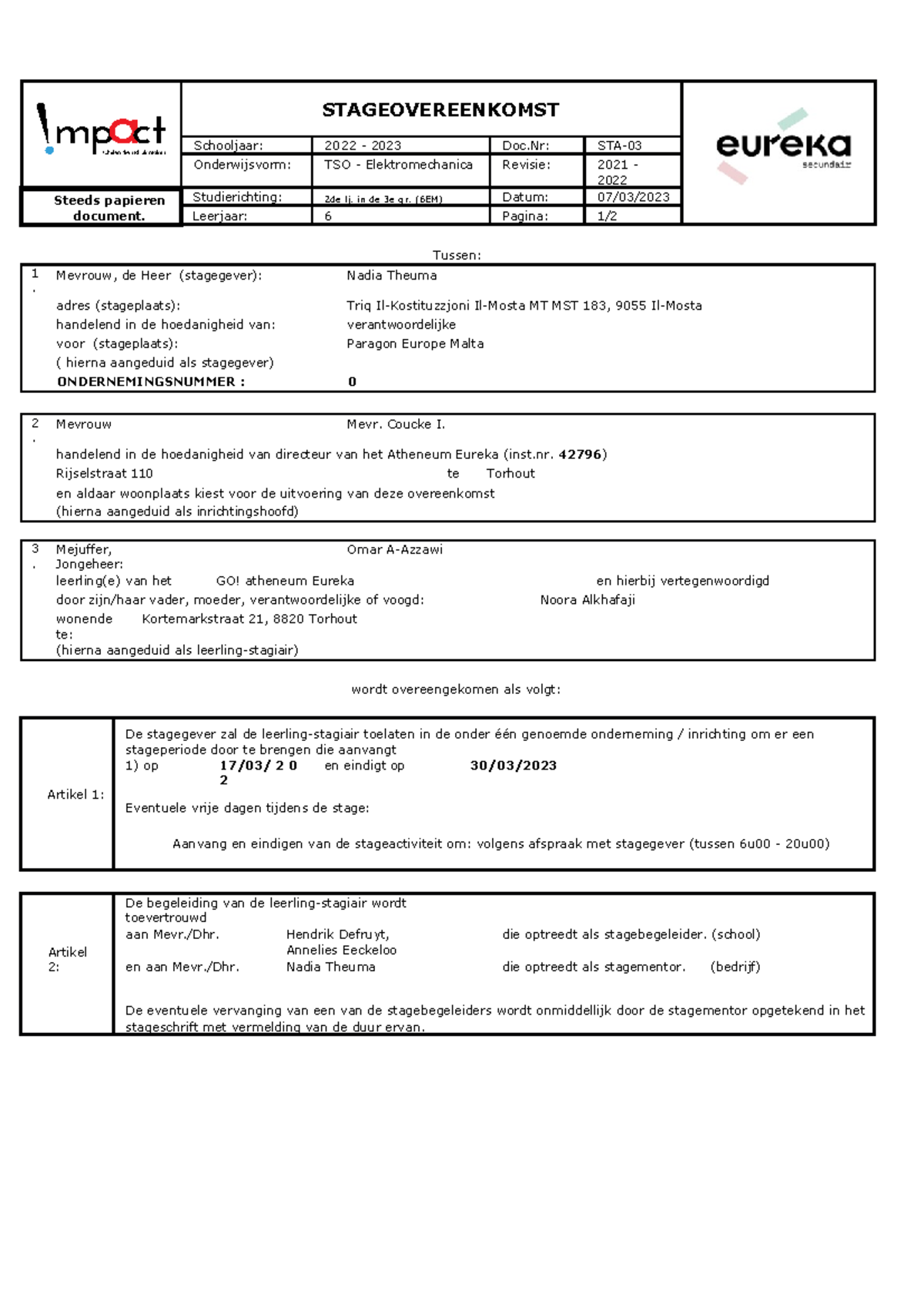 Stageovereenkomst Malta - STAGEOVEREENKOMST Schooljaar: 2022 - 2023 Doc ...