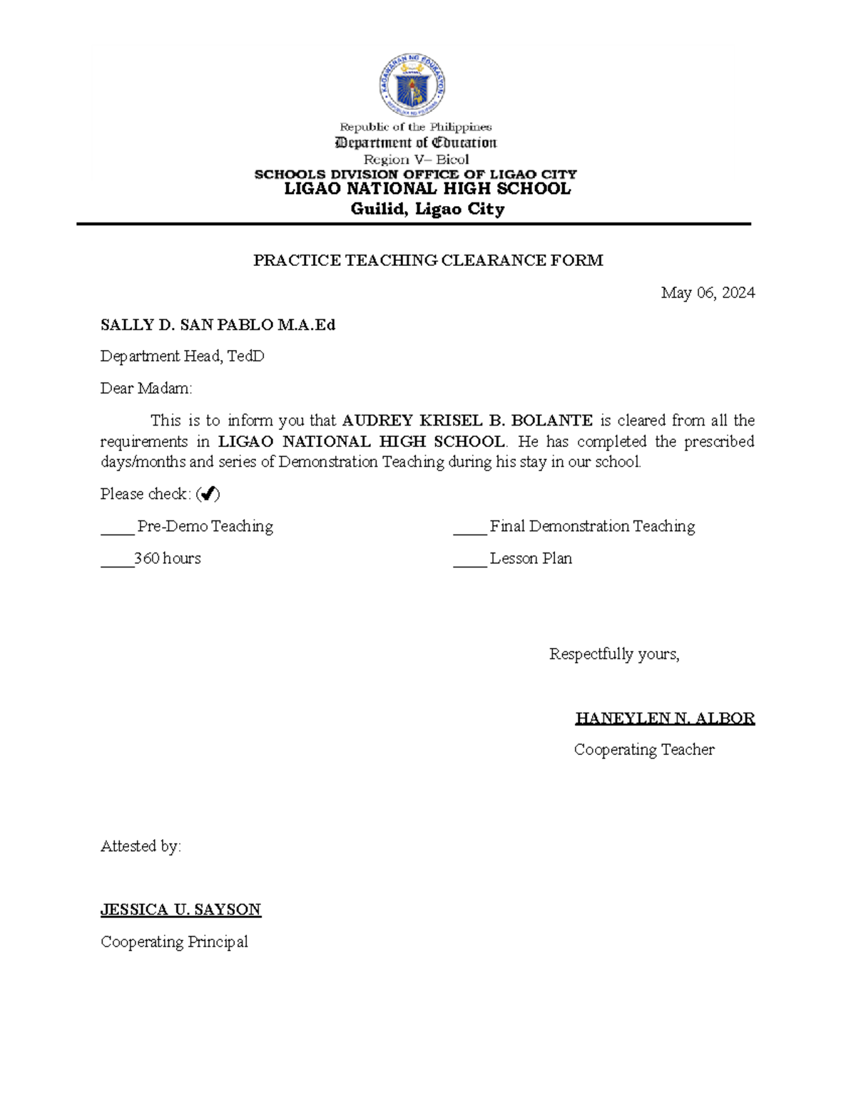 Practice-Teaching-Clearance-Form - Google Docs - LIGAO NATIONAL HIGH ...