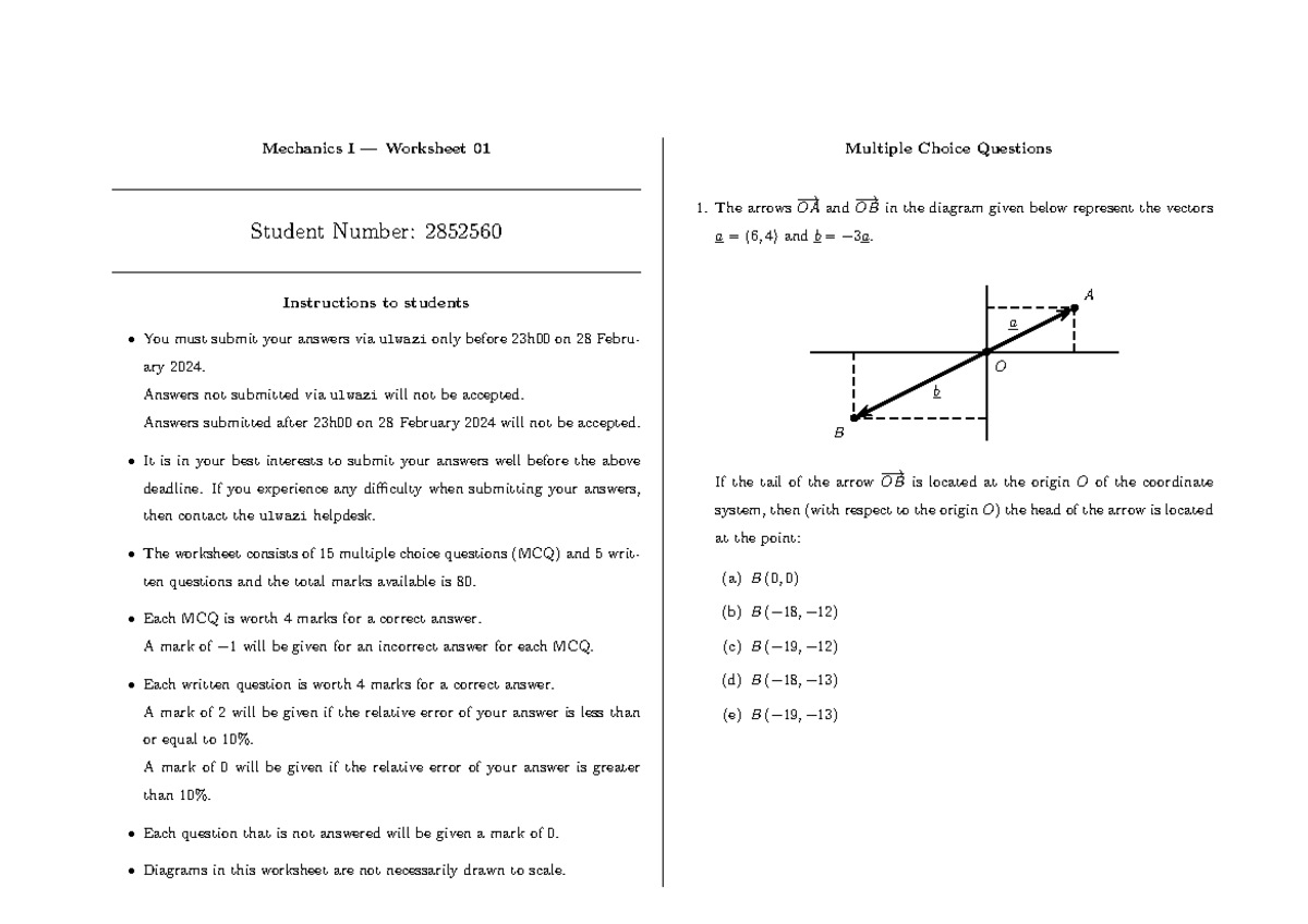Worksheet 1 Mechanics - Mechanics I — Worksheet 01 Student Number ...