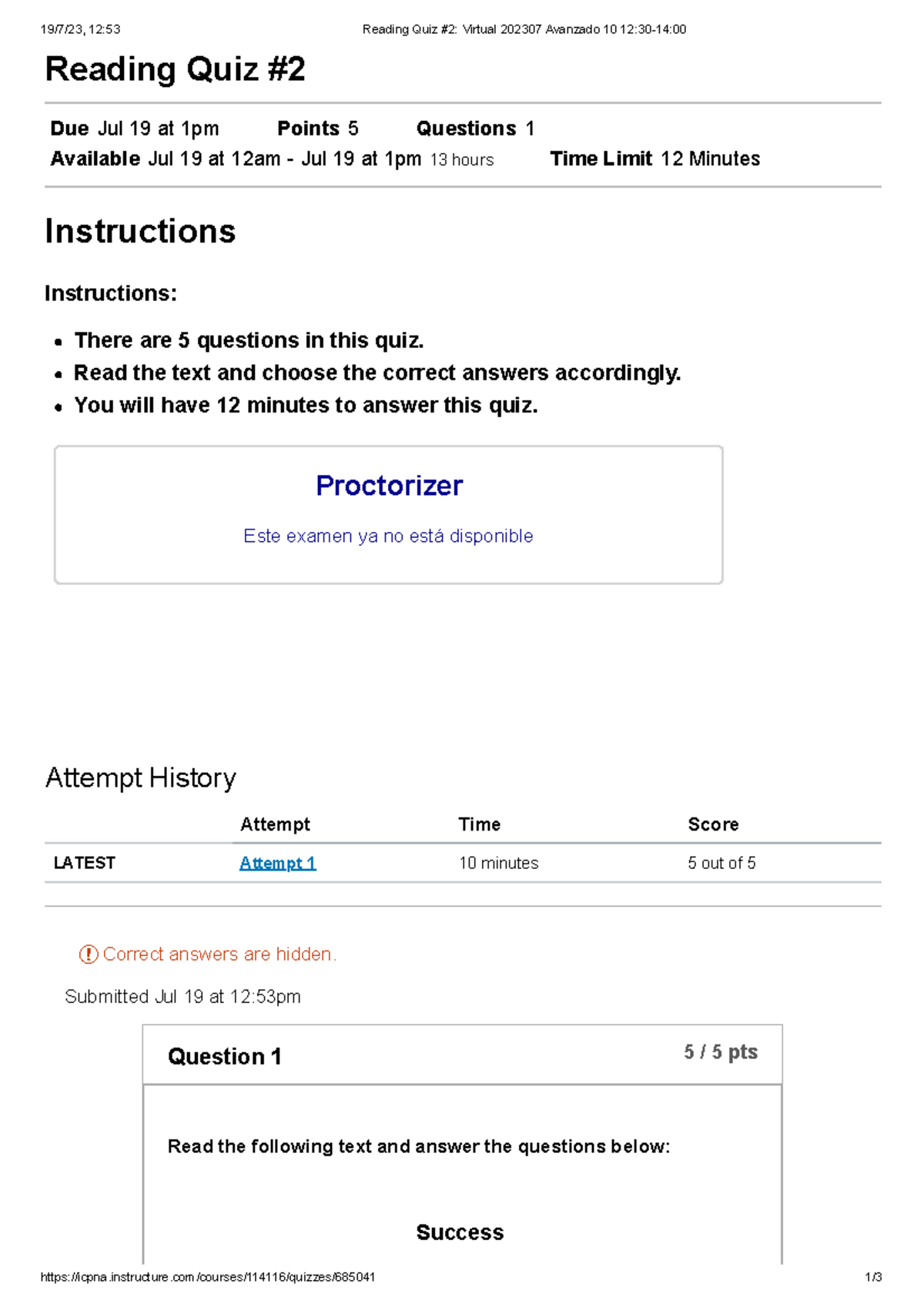 Reading Quiz #2 Virtual 202307 Avanzado 10 12 30-14 00 - 19/7/23, 12:53 ...