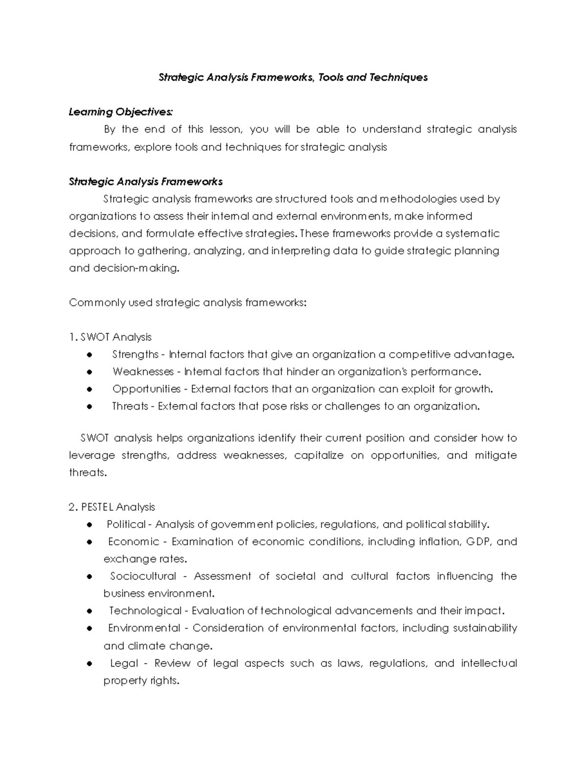 Topic 6 Strategic Analysis Frameworks, Tools and Techniques(FM Prof 04 ...