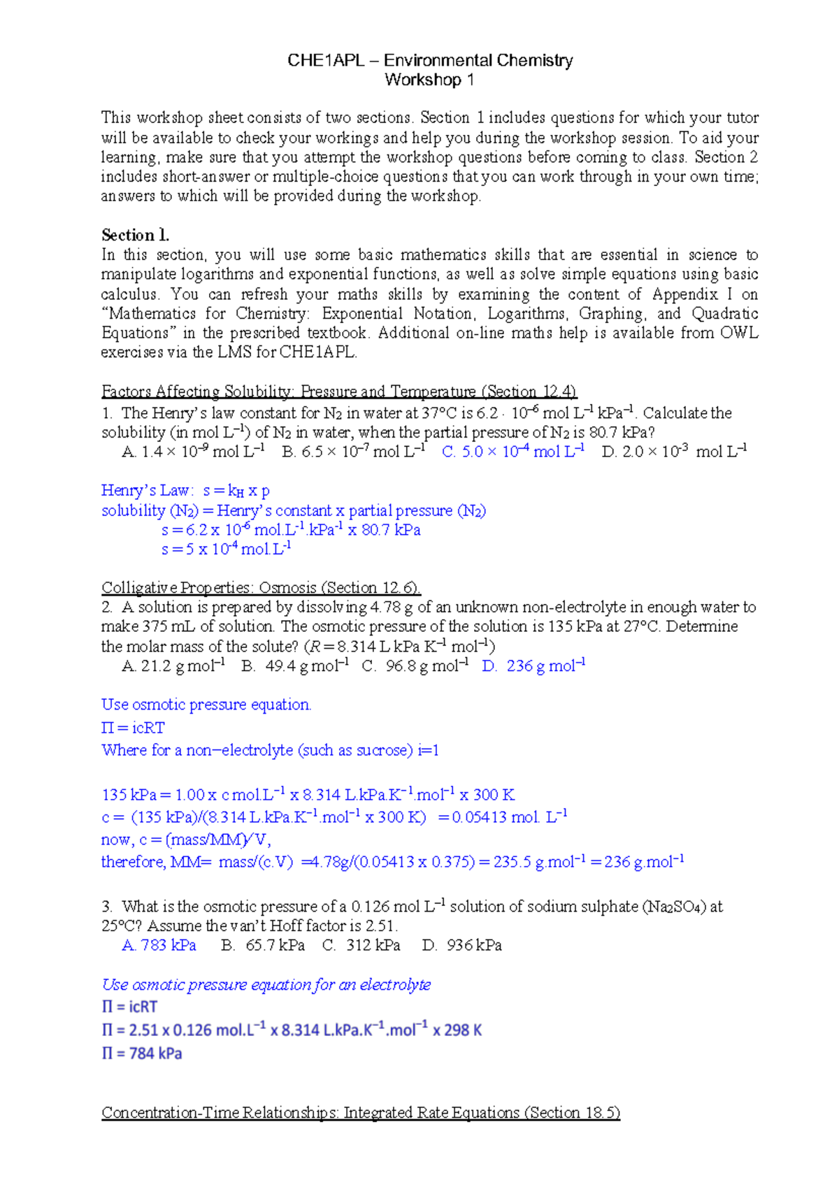 CHE1APL WS1 2019 Answers - CHE1APL – Environmental Chemistry Workshop 1 ...