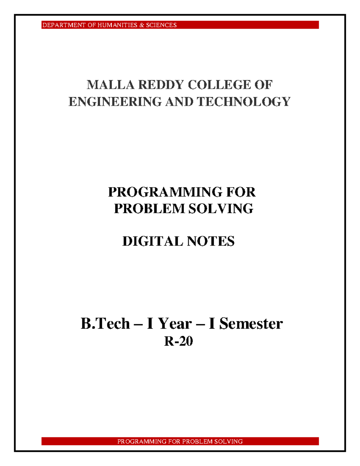 Programming for Problem Solving - DEPARTMENT OF HUMANITIES & SCIENCES ...