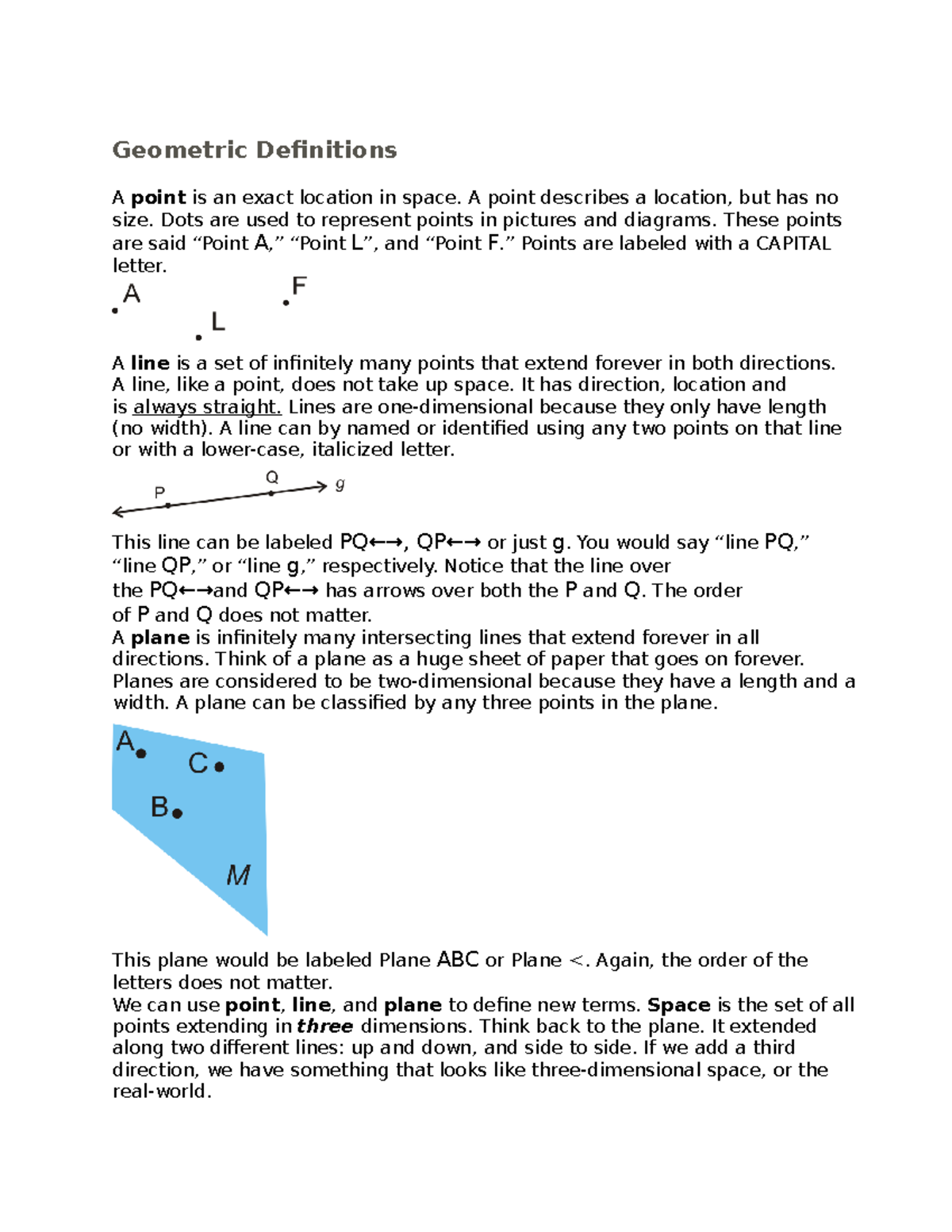 Math part 3 - Notes - Geometric Definitions A point is an exact ...