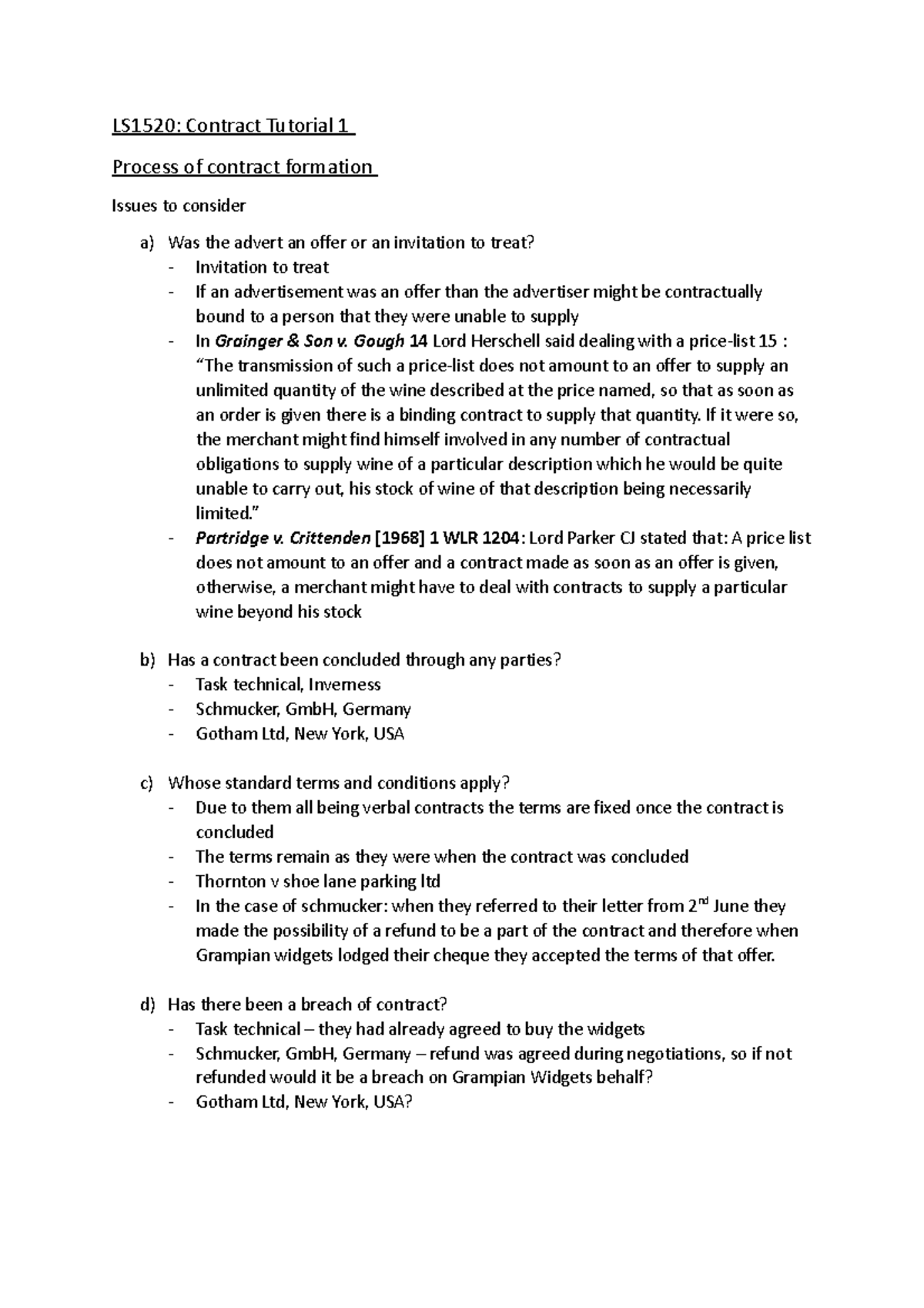 Contract Tutorial 1 Work - LS1520: Contract Tutorial 1 Process of contract formation Issues to ...