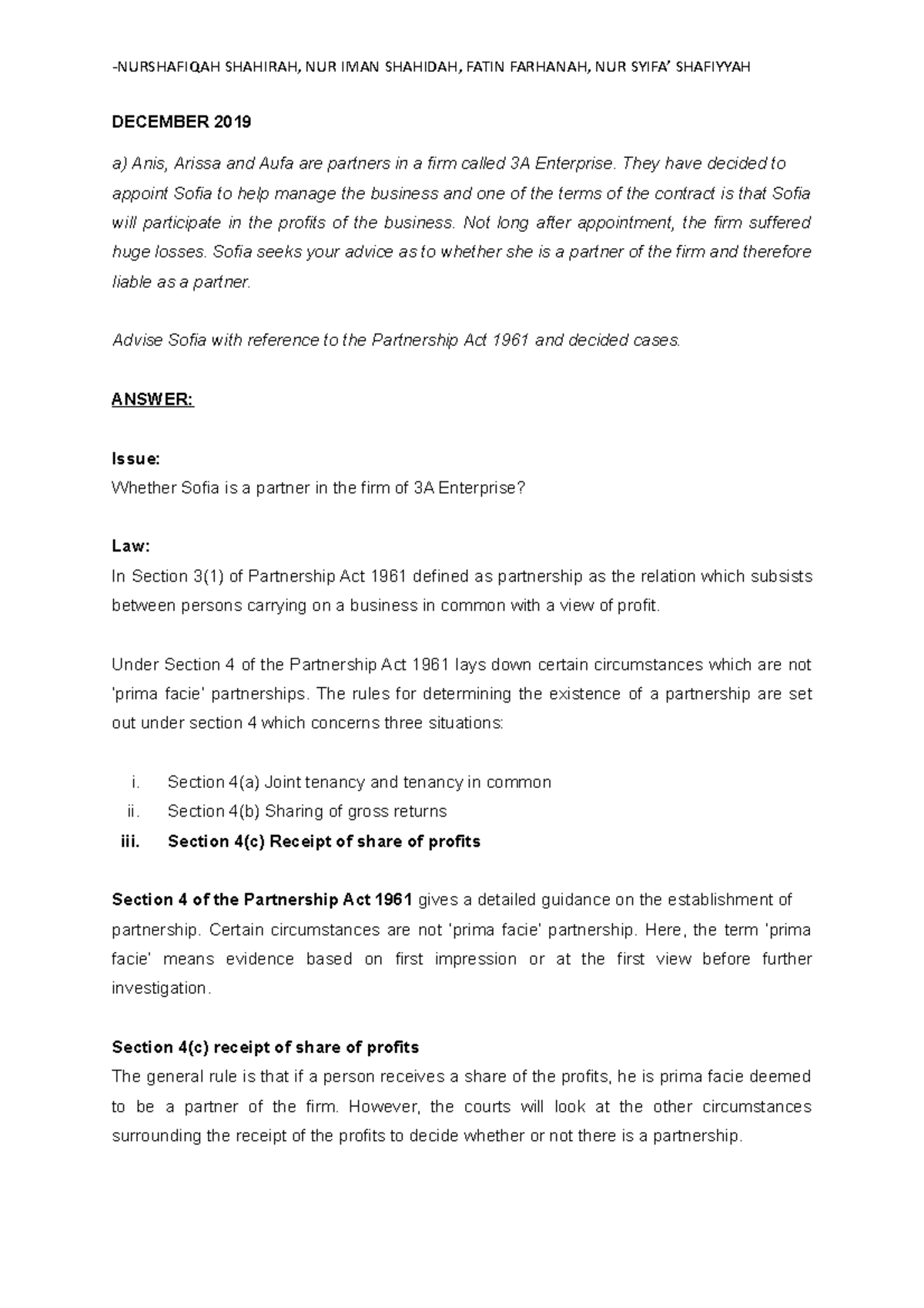 LAW Exercise PY - lawww - DECEMBER 2019 a) Anis, Arissa and Aufa are ...