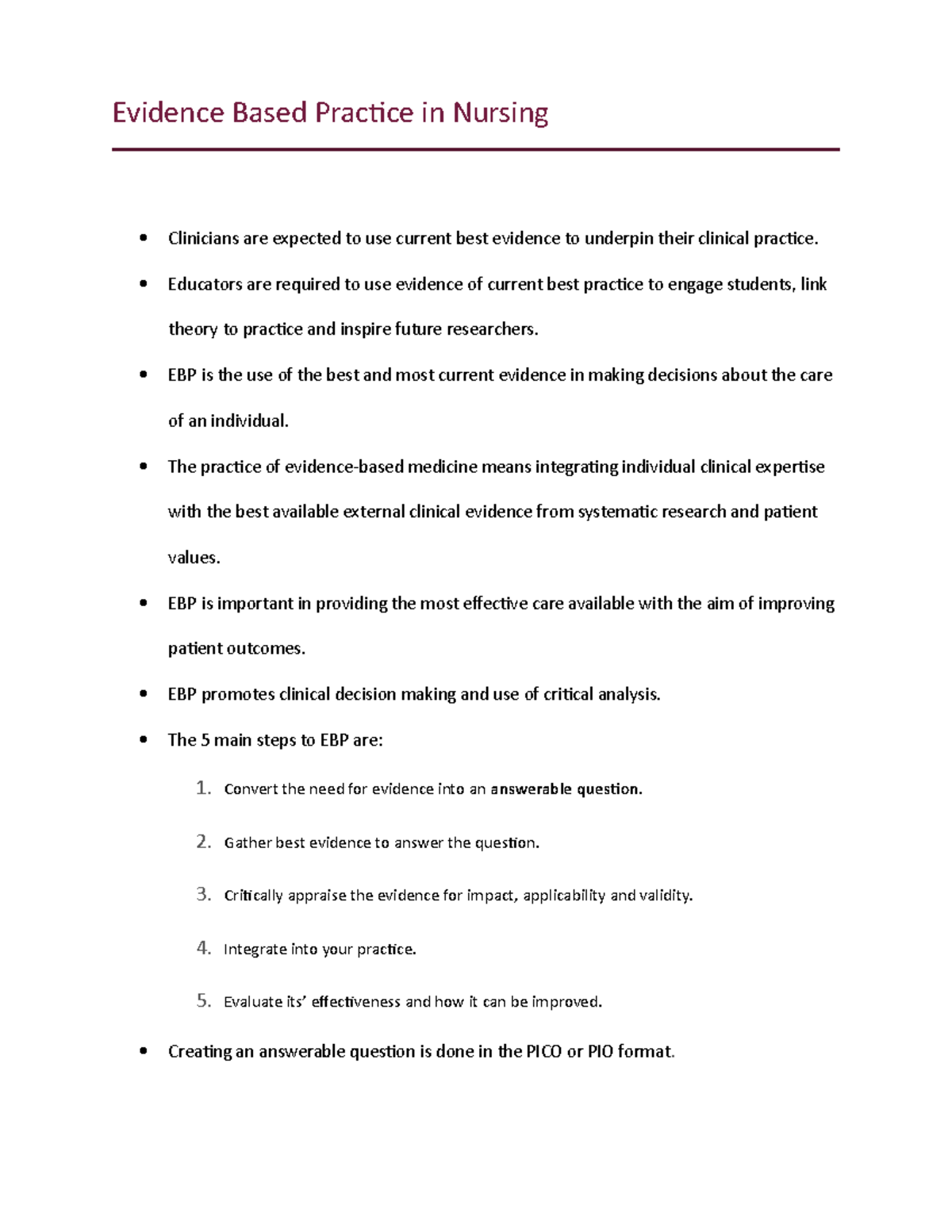 Evidence Based Practice in Nursing - Exam Notes - Evidence Based ...