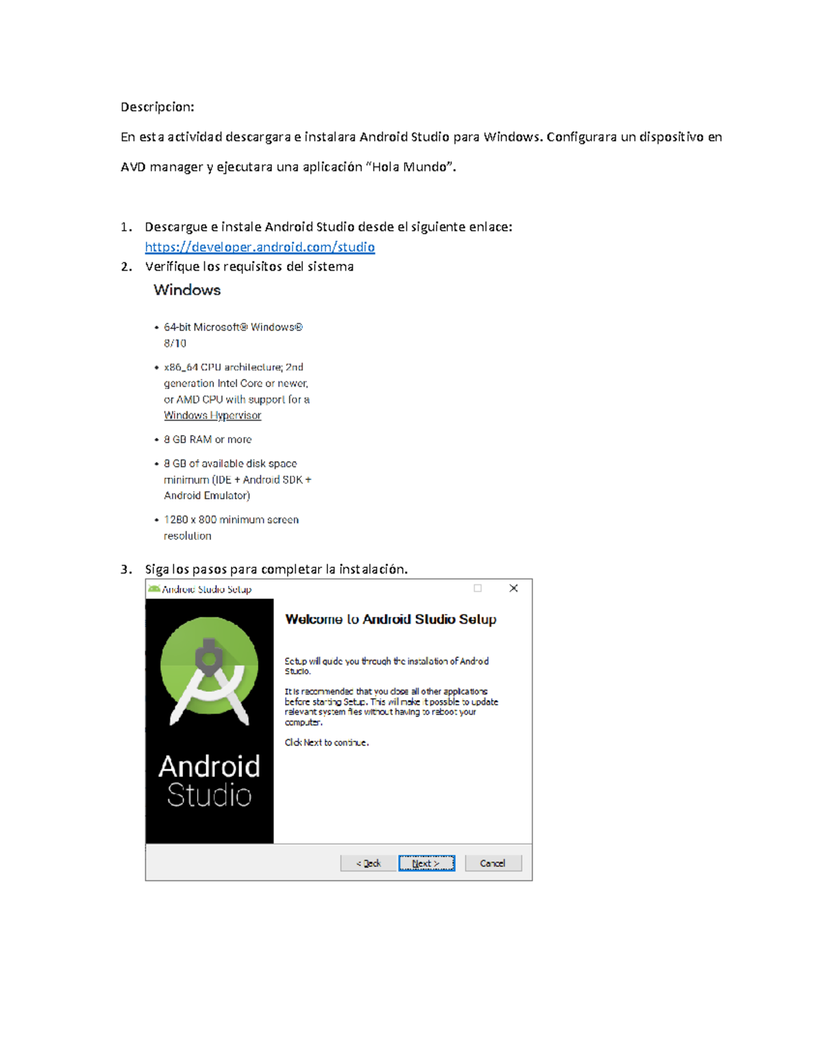 Instalacion Android Studio - Descripcion: En esta actividad descargara e instalara Android ...