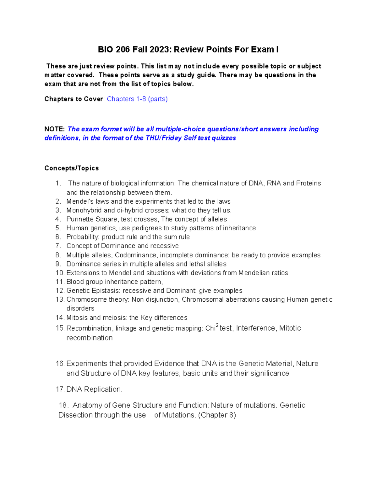 EXAM 1-Review Points For Exam I - BIO 206 Fall 2023: Review Points For ...