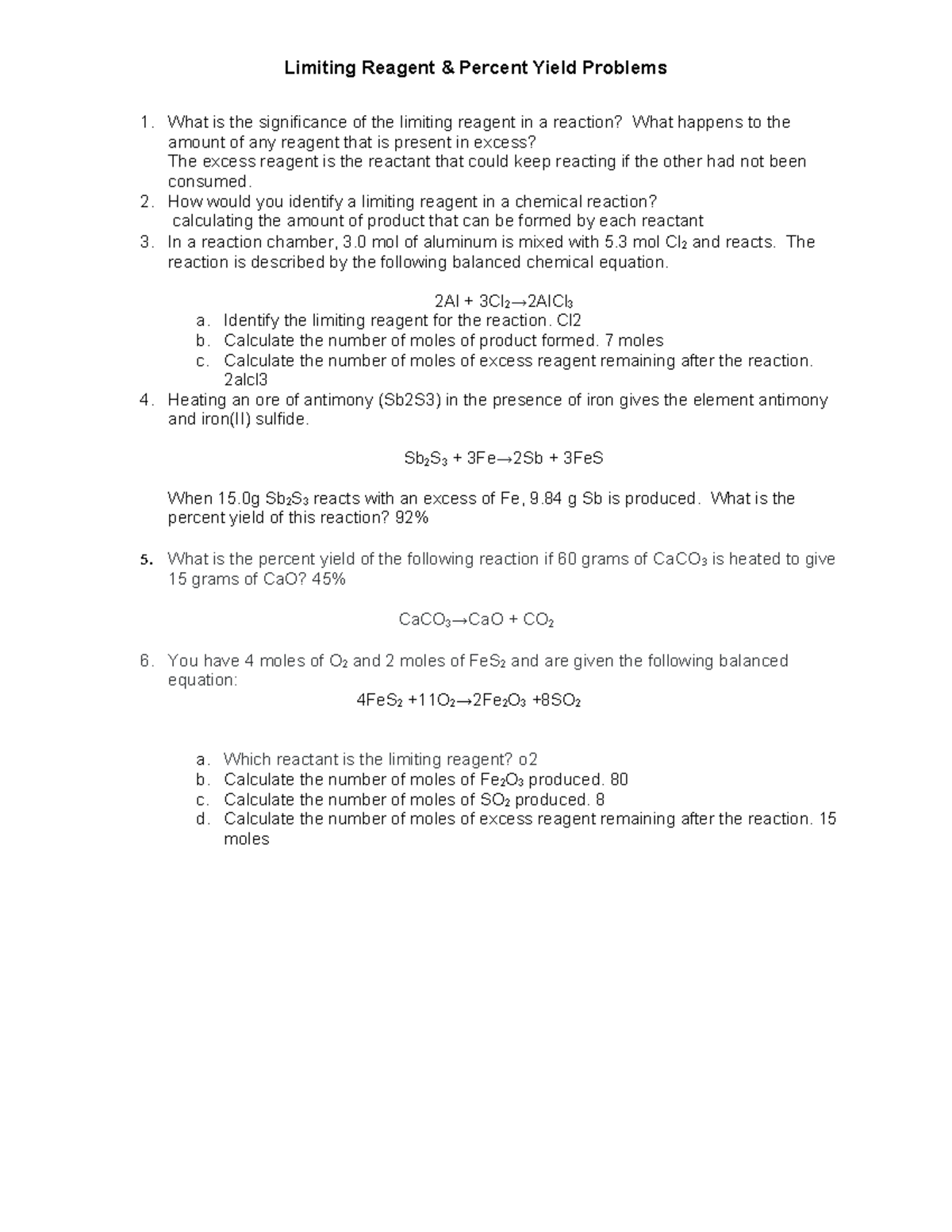 Limiting Reagent Percent Yield Problems - Limiting Reagent & Percent ...