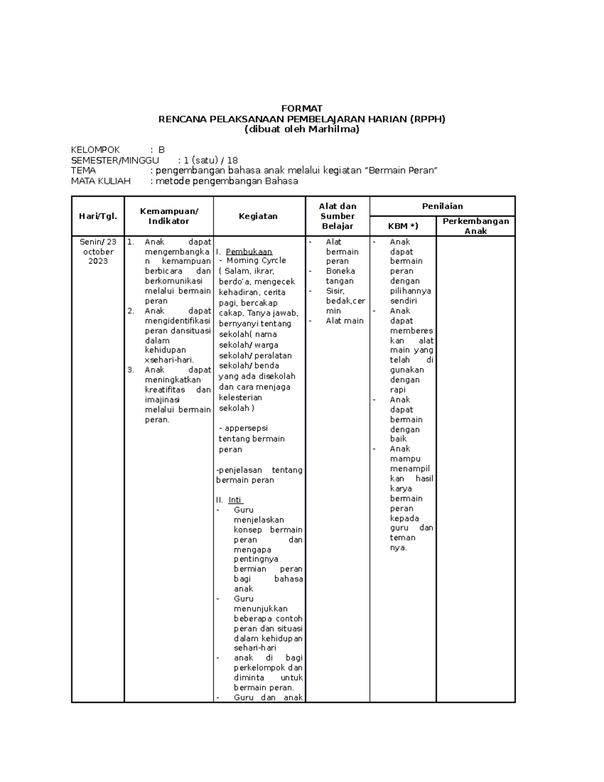 Rpph - nvcghlll - FORMAT RENCANA PELAKSANAAN PEMBELAJARAN HARIAN (RPPH ...