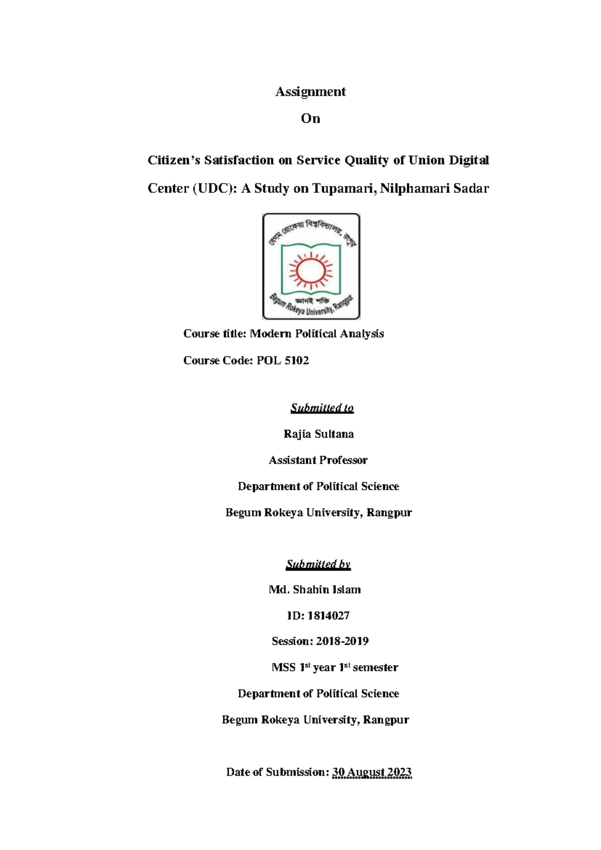 Assignment - Assignment On Citizen’s Satisfaction on Service Quality of Union Digital Center ...