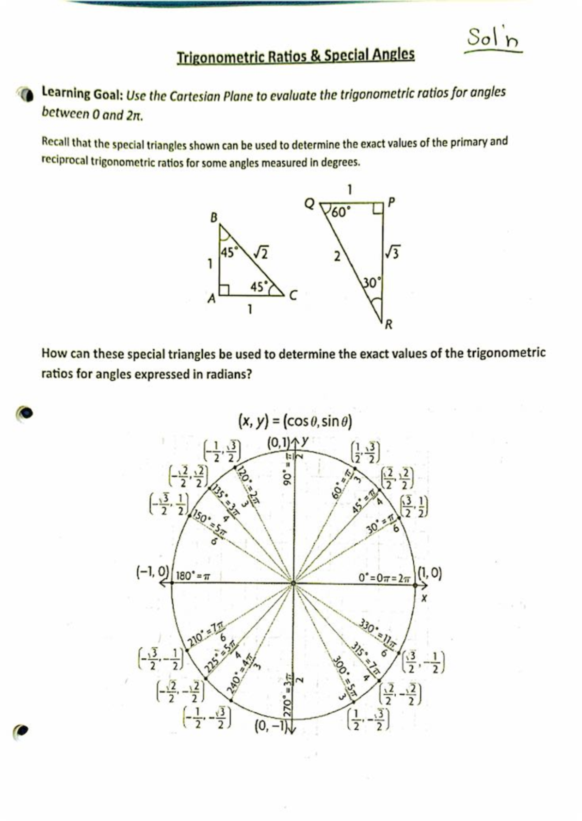 Trig ratio of Special Angles and CAST Rule - Trigonometric Ratios Special Angles Learning Goal ...