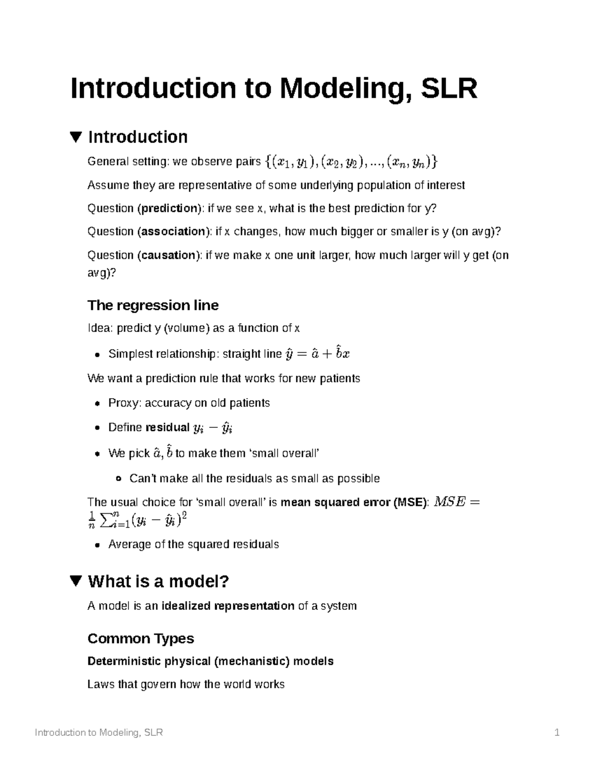 Introduction to Modeling SLR - Introduction to Modeling, SLR Introduction General setting: we ...