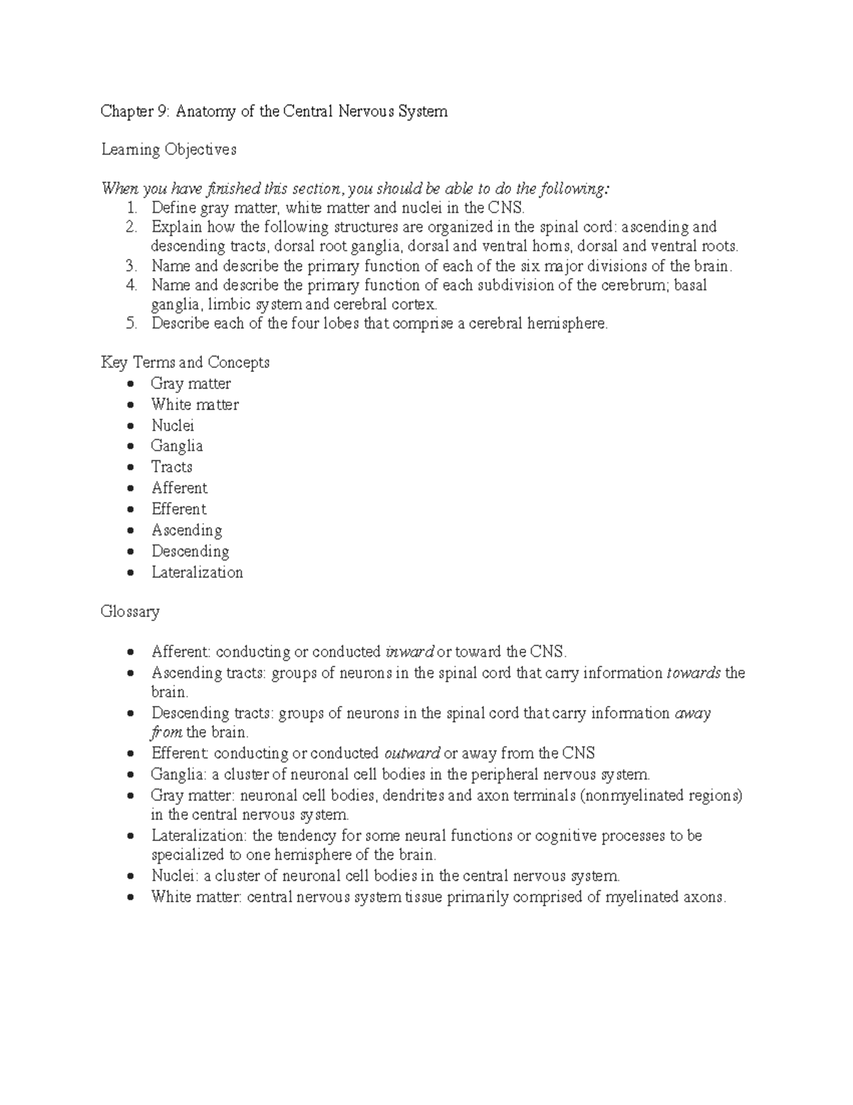 BMSC 207 - Nervous III - Chapter 9: Anatomy of the Central Nervous ...