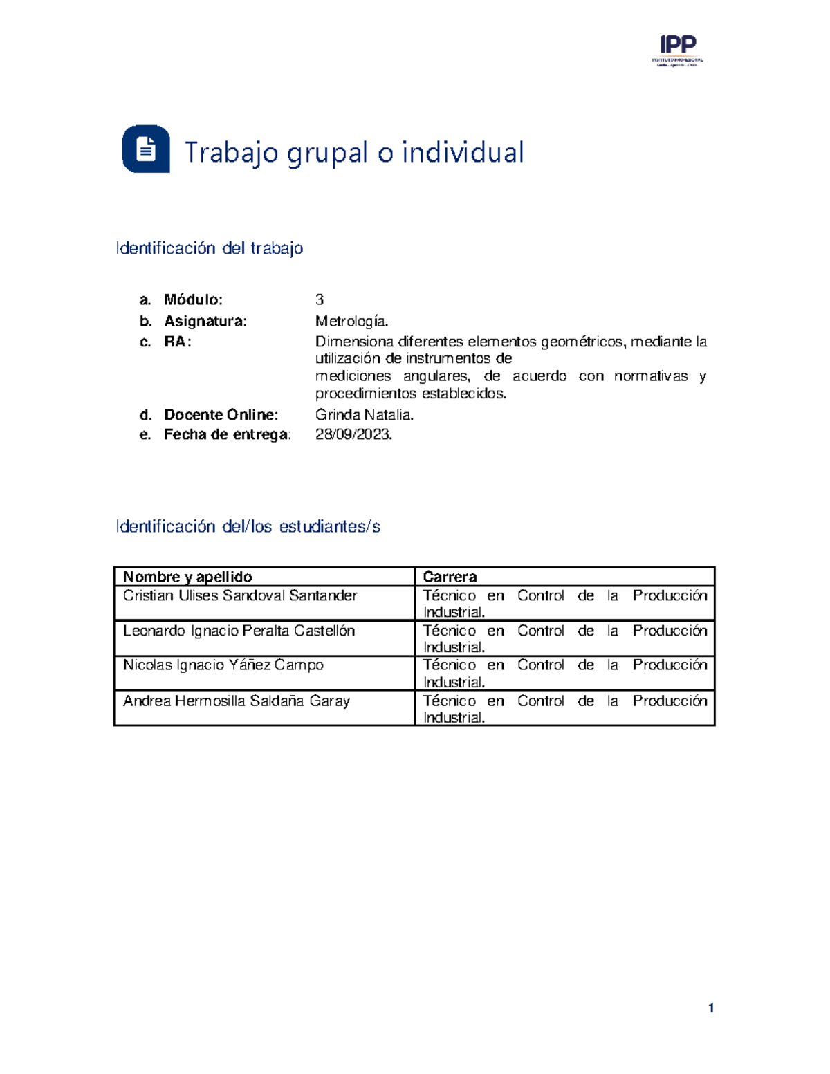 Formato Grupo numero 1 TG M3 Metrologia^ - Trabajo grupal o individual Identificación del ...