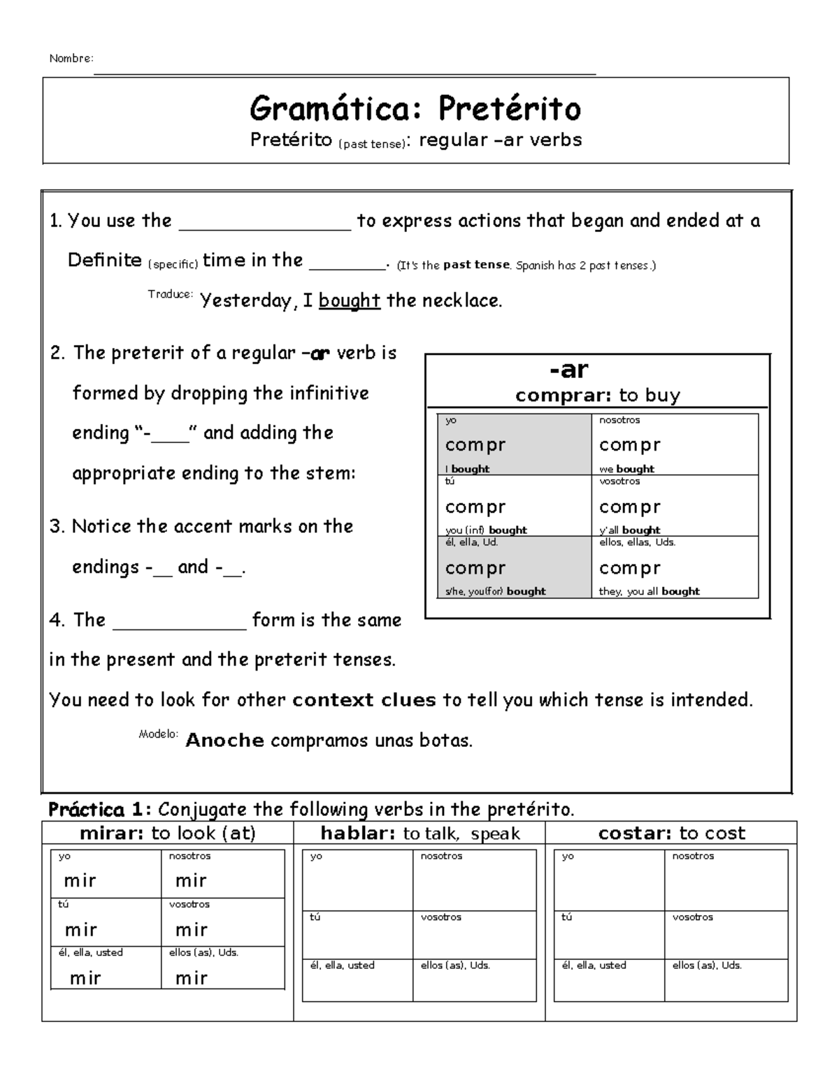 #5 Gramatica preterito -ar - Nombre