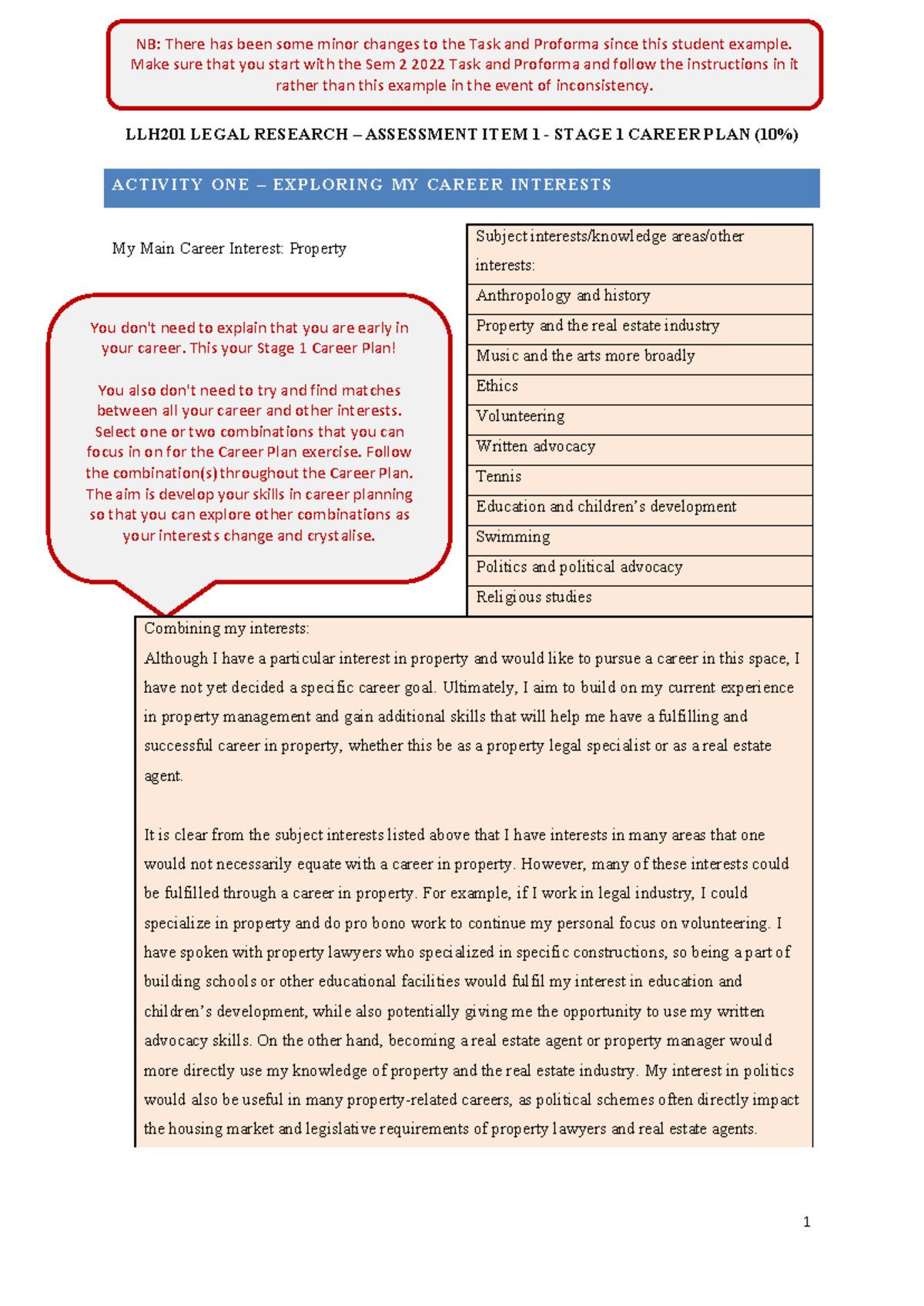 Assessment Item 1 - Career Plan - Past Student Example - ACTIVITY ONE ...