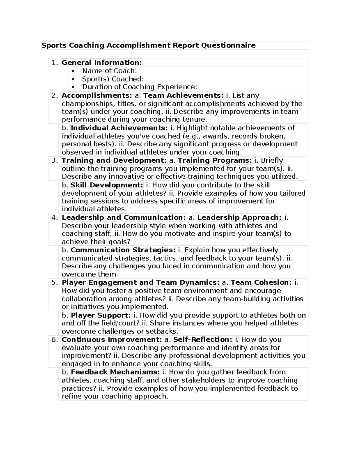 Sports Coaching Accomplishment Report Questionnaire - General ...