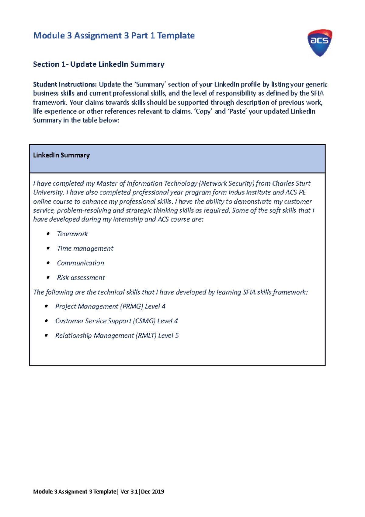 Module 3 - Assignment 3 - Part 1 Template 3 - Section 1- Update LinkedIn Summary Student - Studocu