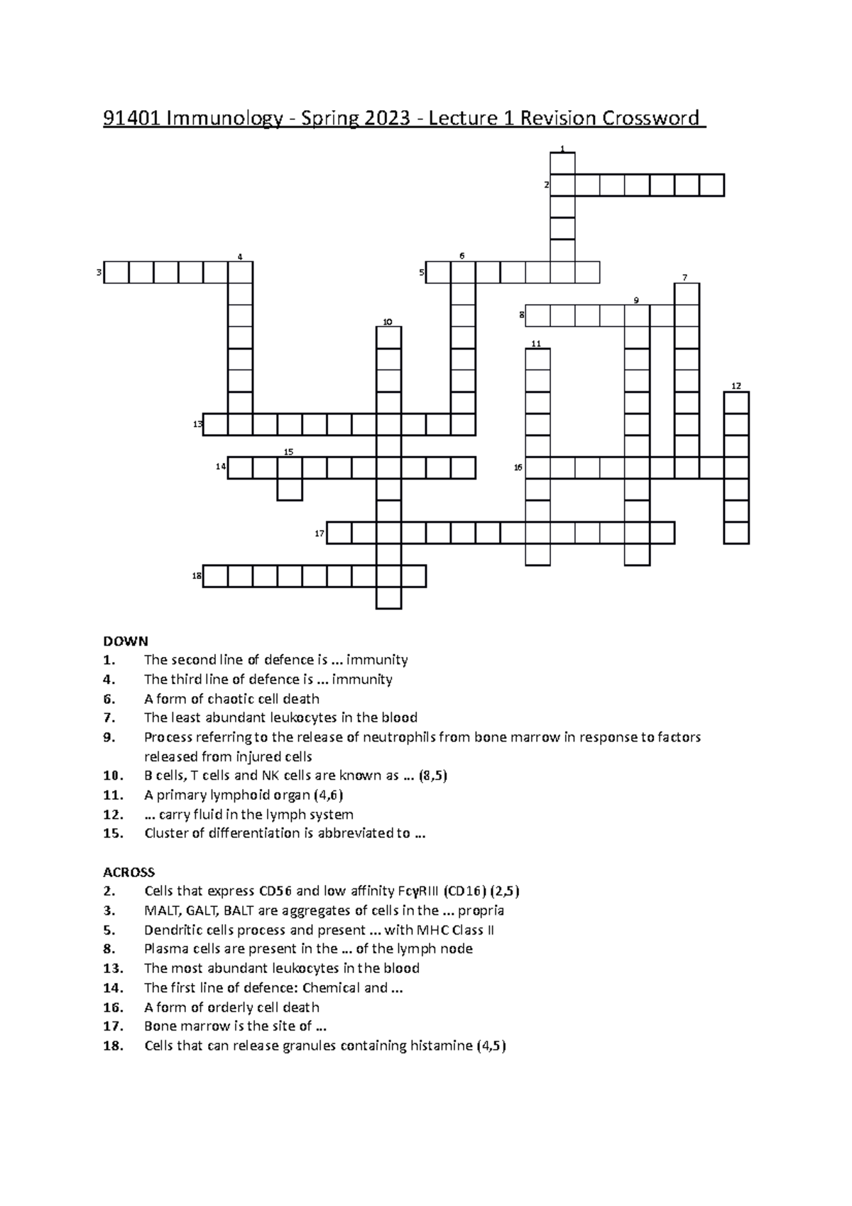 91401 - Spring 2023 - Lecture 1 - Revision Crossword - 91401 Immunology ...