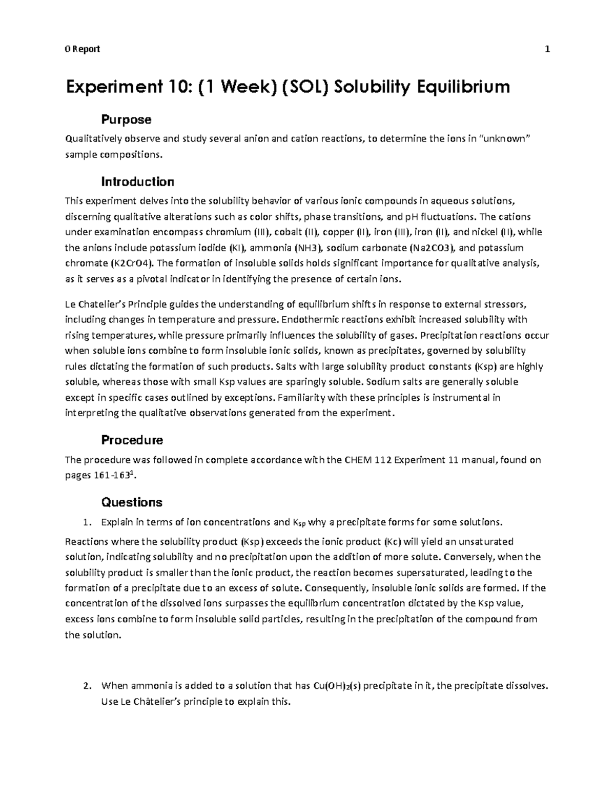 Solubility Equilibrium Lab - Experiment 10: (1 Week) (SOL) Solubility ...