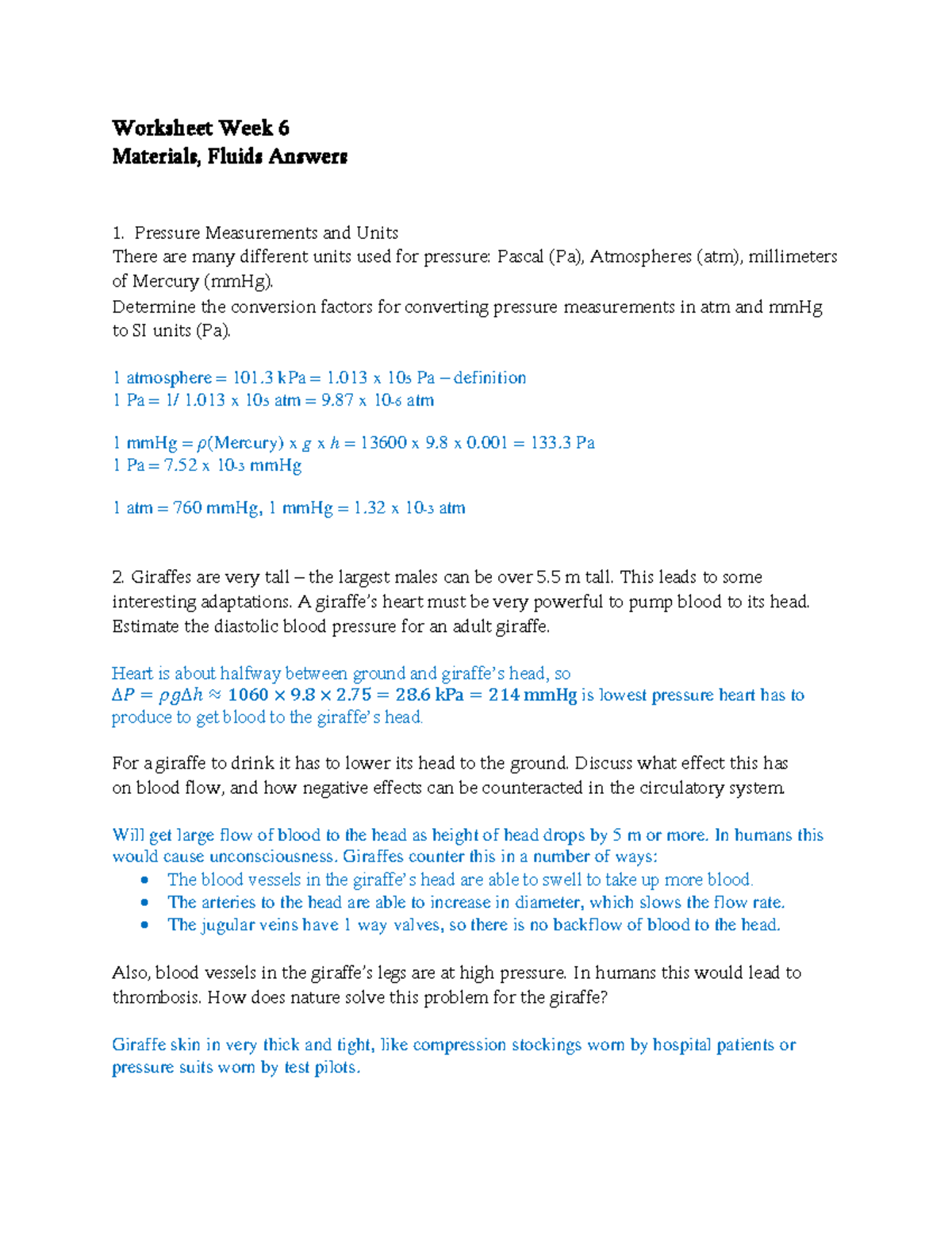 Lecture 12 Fluids - Worksheet Week 6 Materials, Fluids Answers Pressure ...