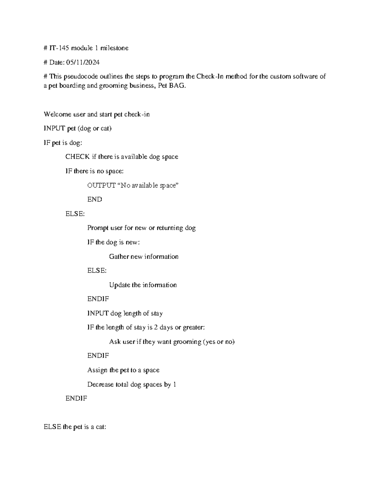 Module 1 milestone - Copy - Copy - IT-145 module 1 milestone Date: 05/11/ This pseudocode ...