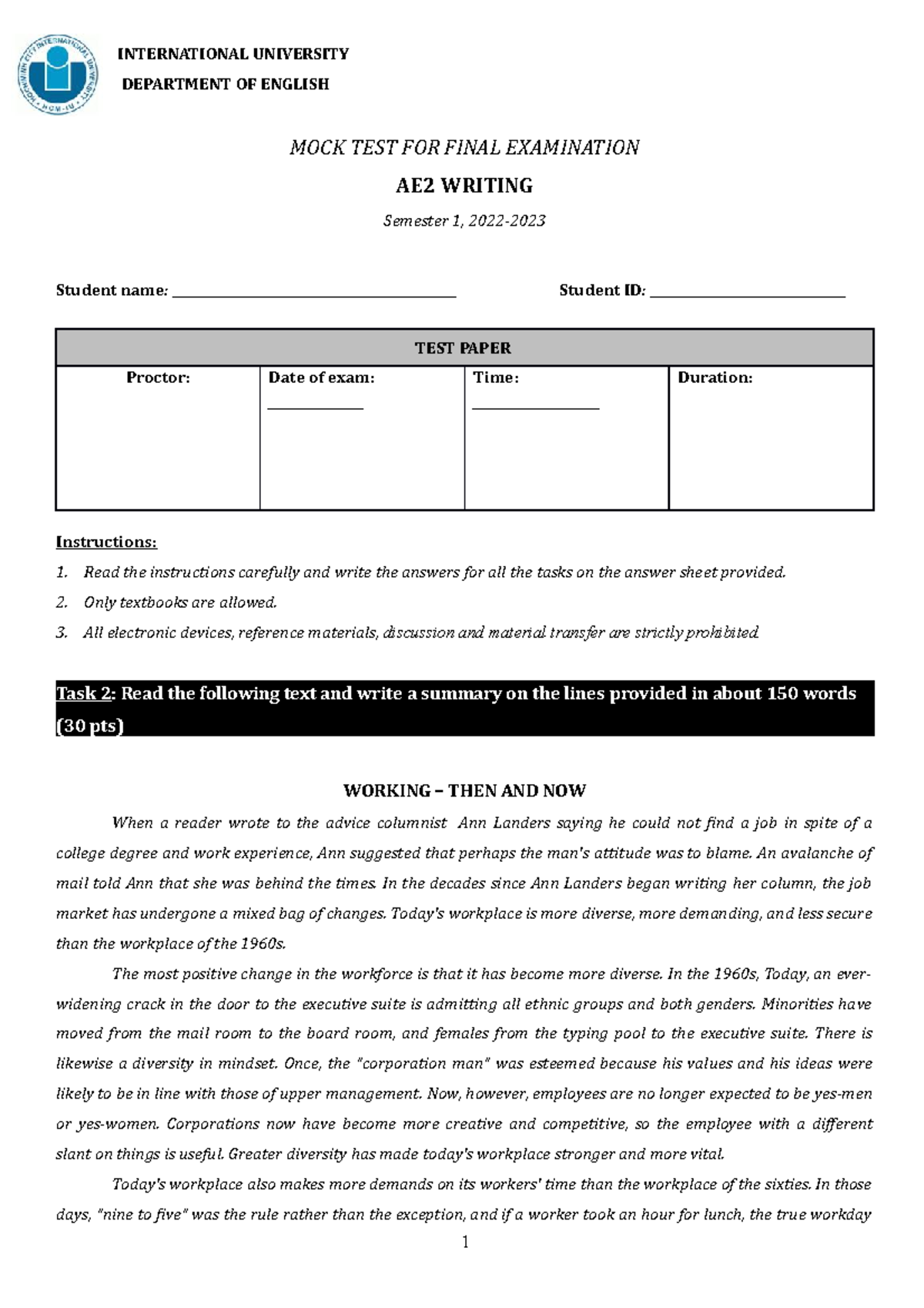Mocktest AE2 Writing - Final test - INTERNATIONAL UNIVERSITY DEPARTMENT ...