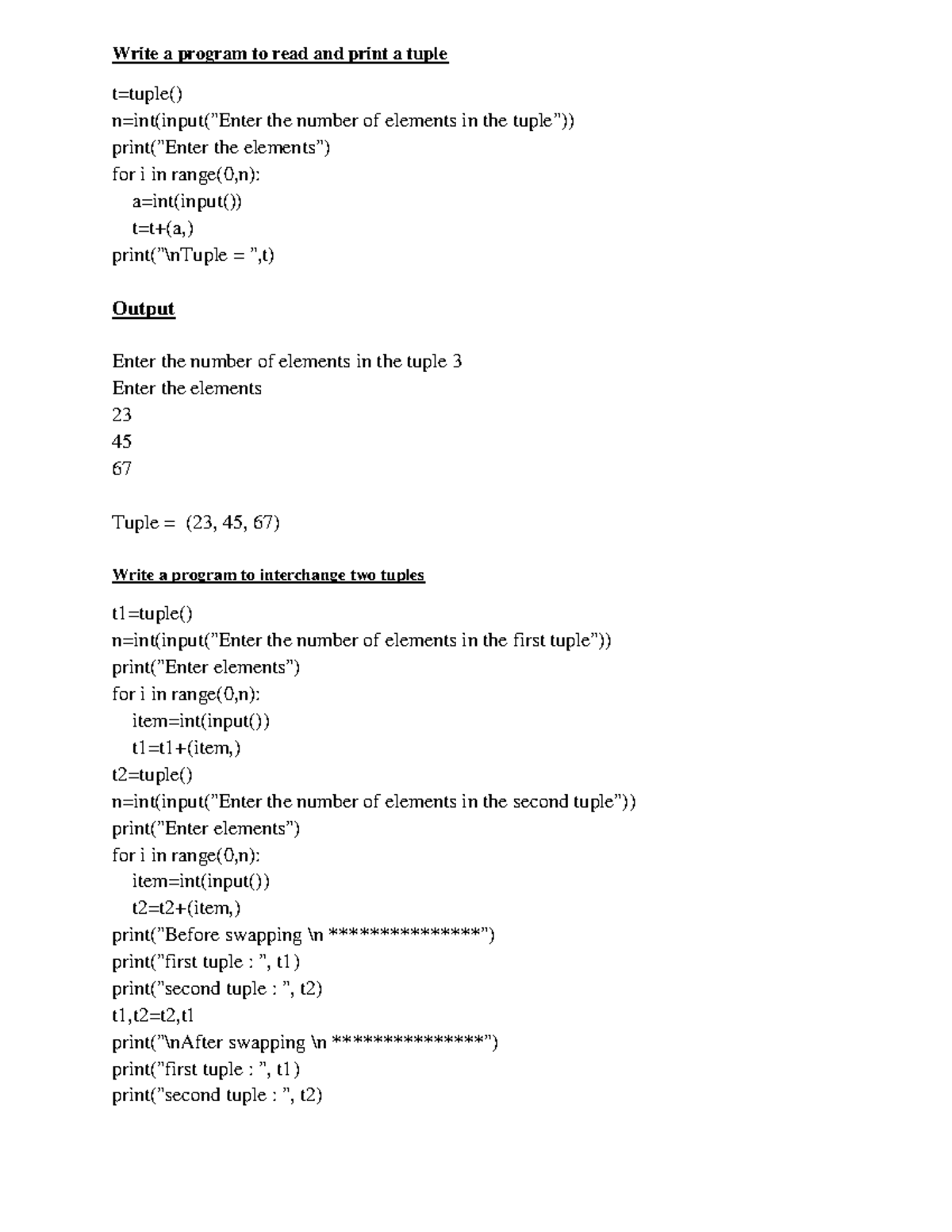 Tuple programs and pythons attributes - Write a program to read and ...