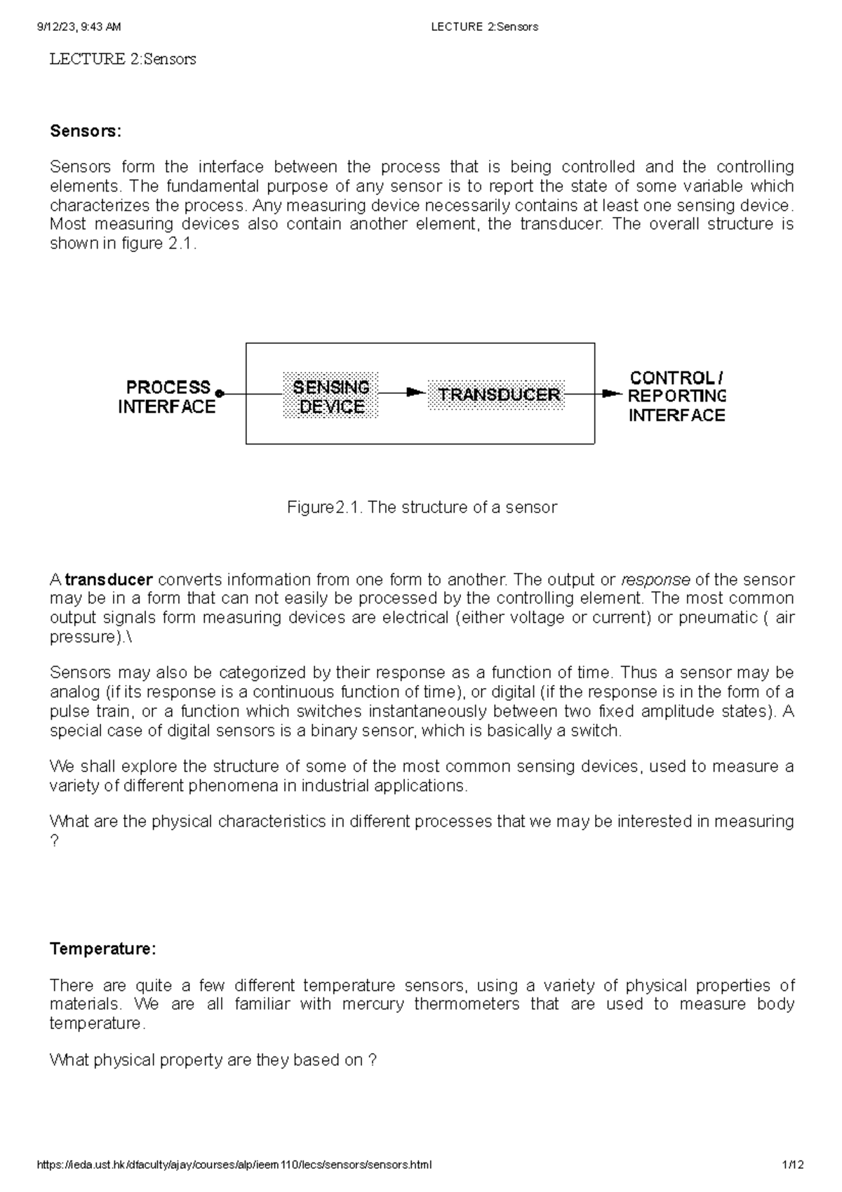 Lecture 2 Sensors - jnkn - LECTURE 2:Sensors Sensors: Sensors form the interface between the ...