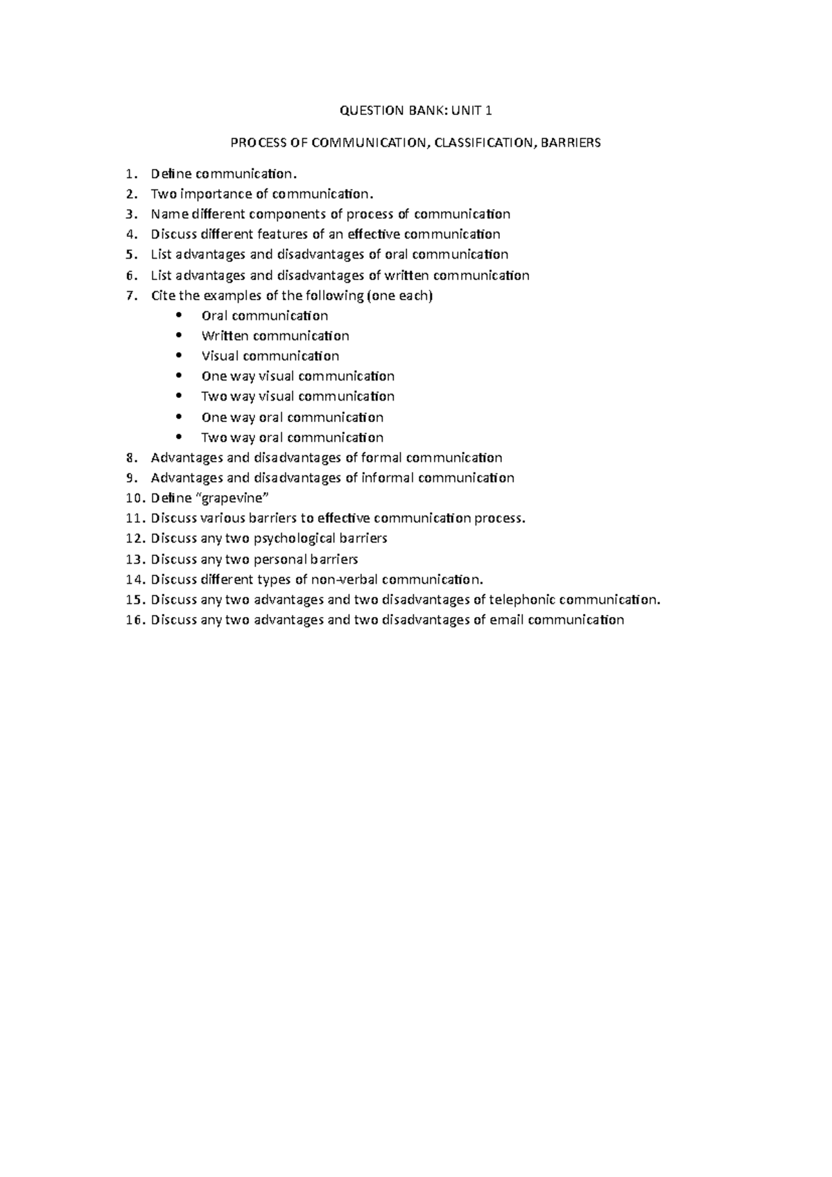 Question BANK communication skills - QUESTION BANK: UNIT 1 PROCESS OF ...