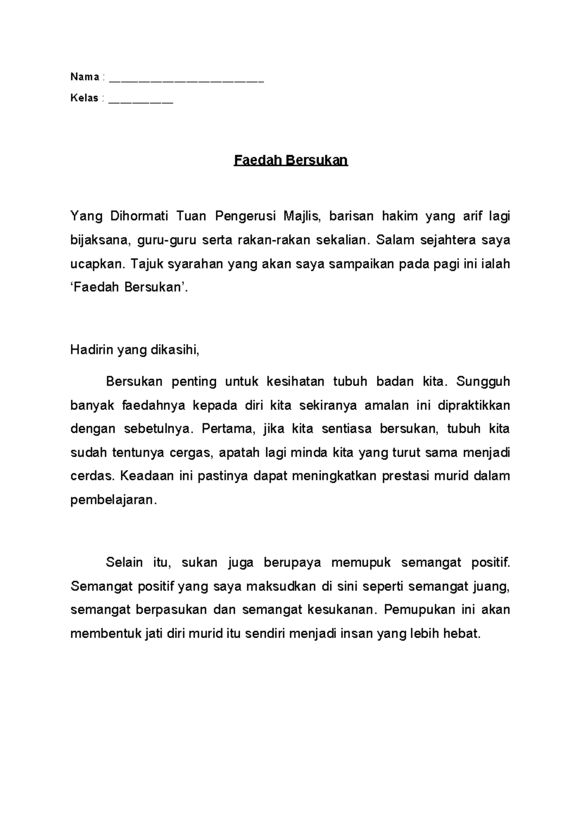 Teks Syarahan Tahun 4 - good - Nama : __________________________ Kelas ...