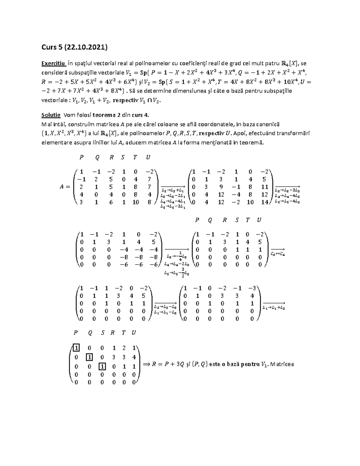 Curs 5 (22 - Curs 5 Algebra Liniara - Curs 5 (22.10) Exercițiu În spațiul vectorial real al ...