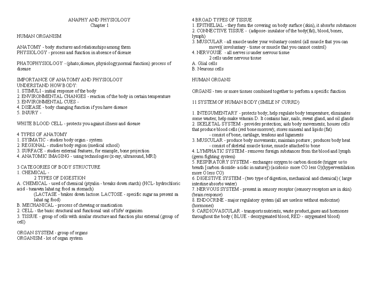 Anatomy AND Physiology 1 - ANAPHY AND PHYSIOLOGY Chapter 1 HUMAN ...