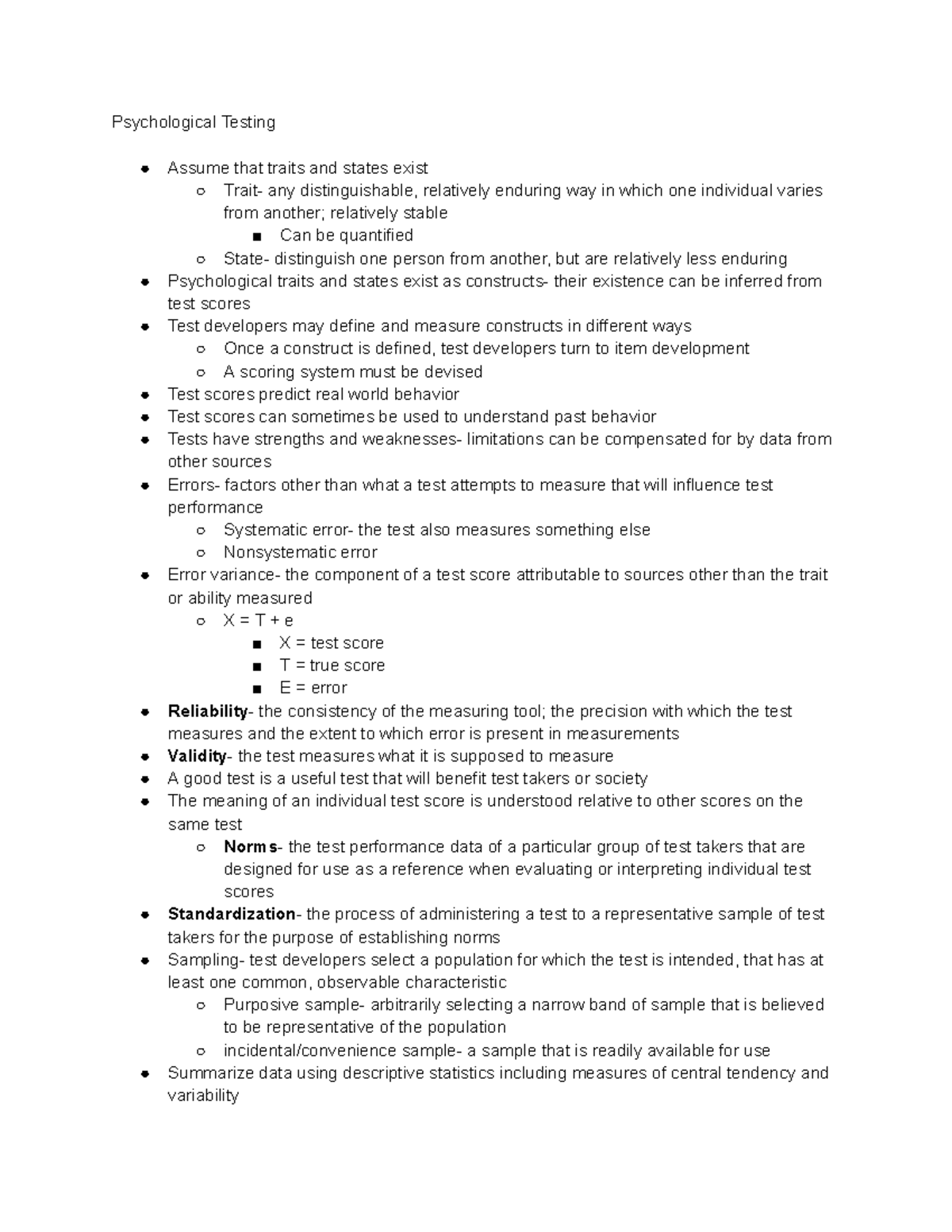 Psychological Testing Notes - Psychological Testing Assume that traits ...