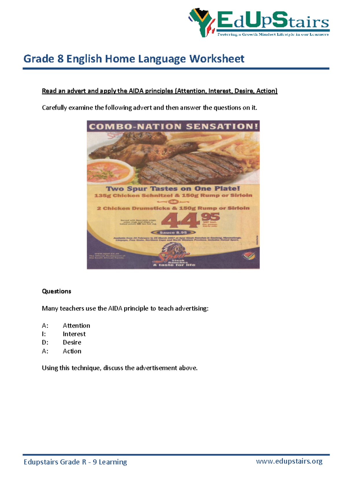 Read an advert and apply the AIDA principles - EATF4705 - Grade 8 ...