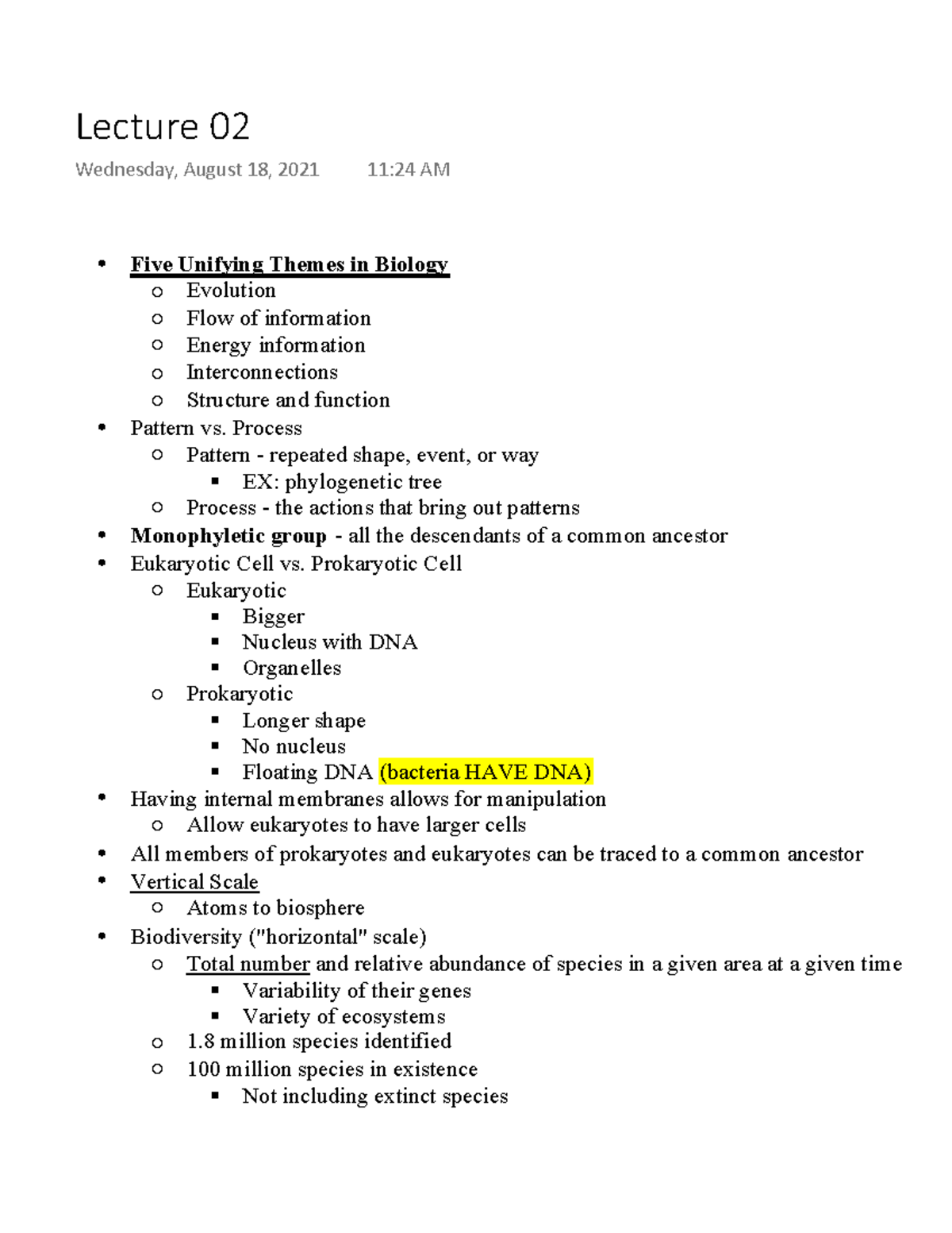 Lecture 02 - notes - Five Unifying Themes in Biology ï Evolution ï Flow ...