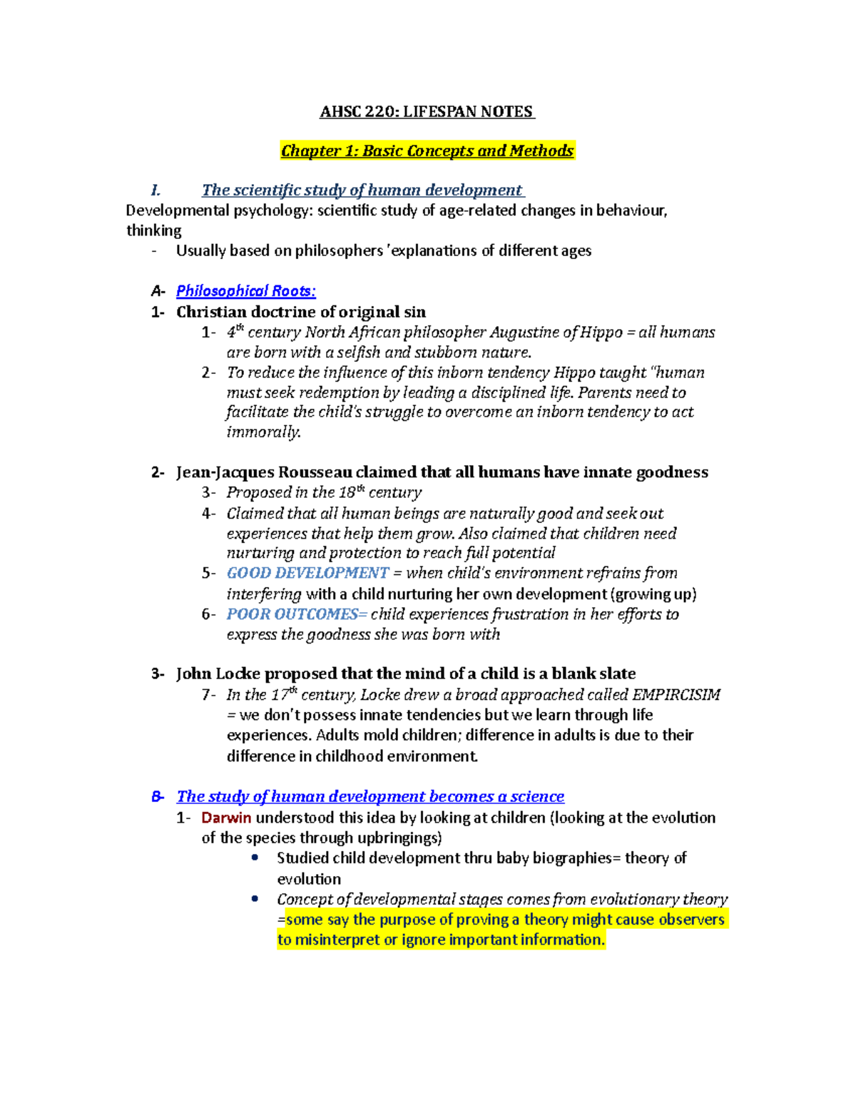 AHSC 220 - chapter notes - AHSC 220: LIFESPAN NOTES Chapter 1: Basic ...