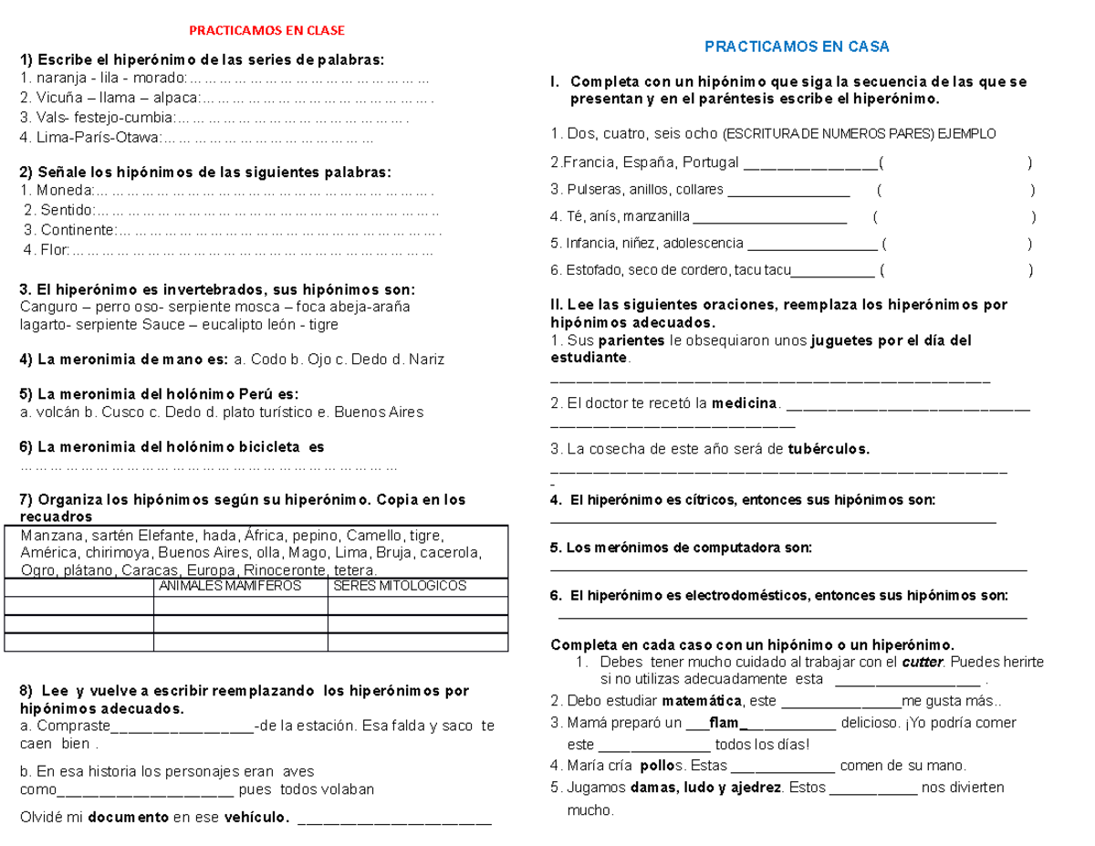 Practicamos Meronimia-HOY - PRACTICAMOS EN CLASE Escribe el hiperónimo ...