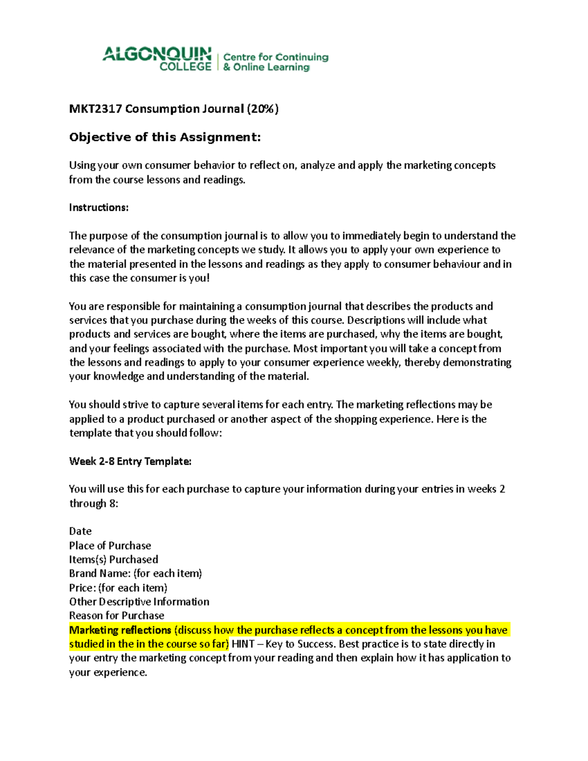 Consumption Journal Tasks MKT2317 - MKT2317 Consumption Journal (20% ...