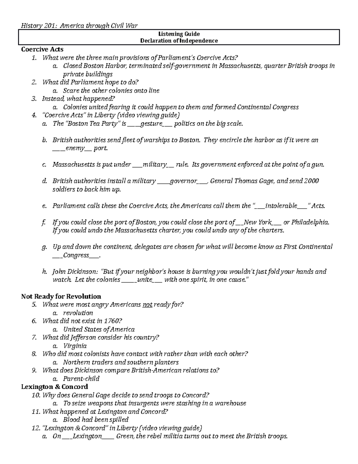 American revolution (listening guide) - History 201: America through ...