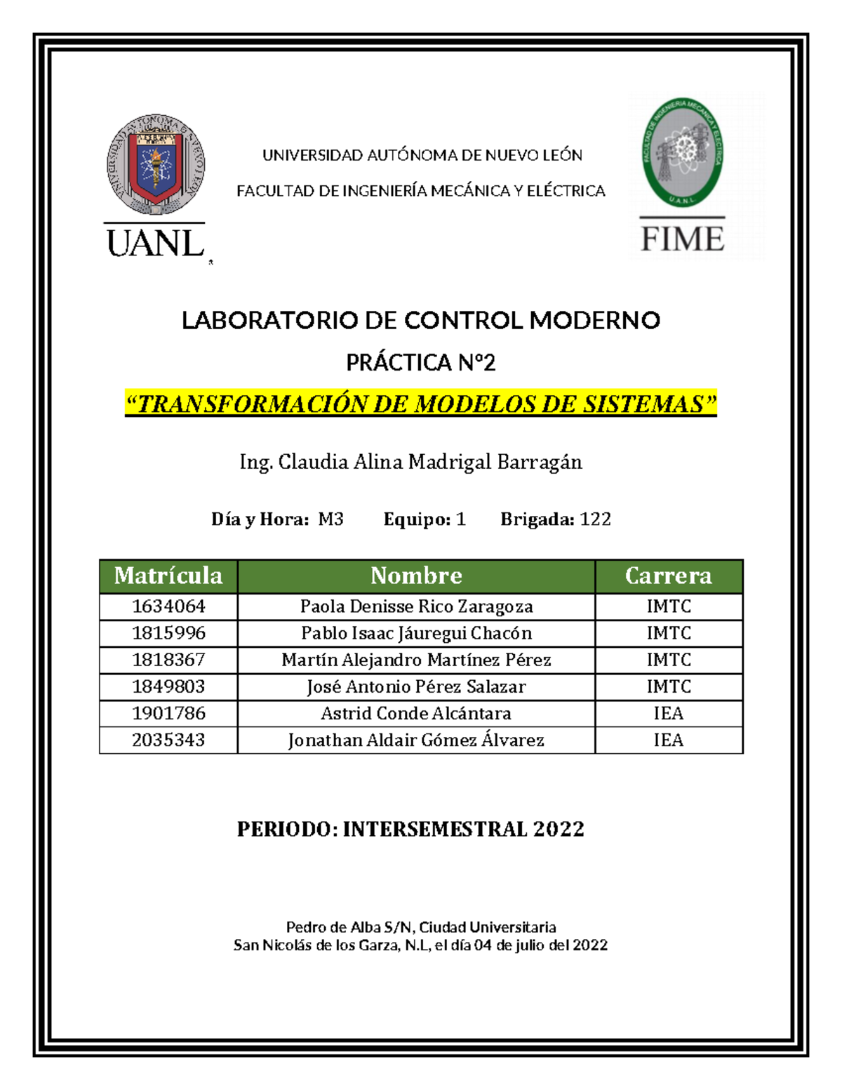 LAB CM P2 EQ1 122 - practica 2 - UNIVERSIDAD AUT”NOMA DE NUEVO LE”N FACULTAD DE INGENIERÕA MEC ...