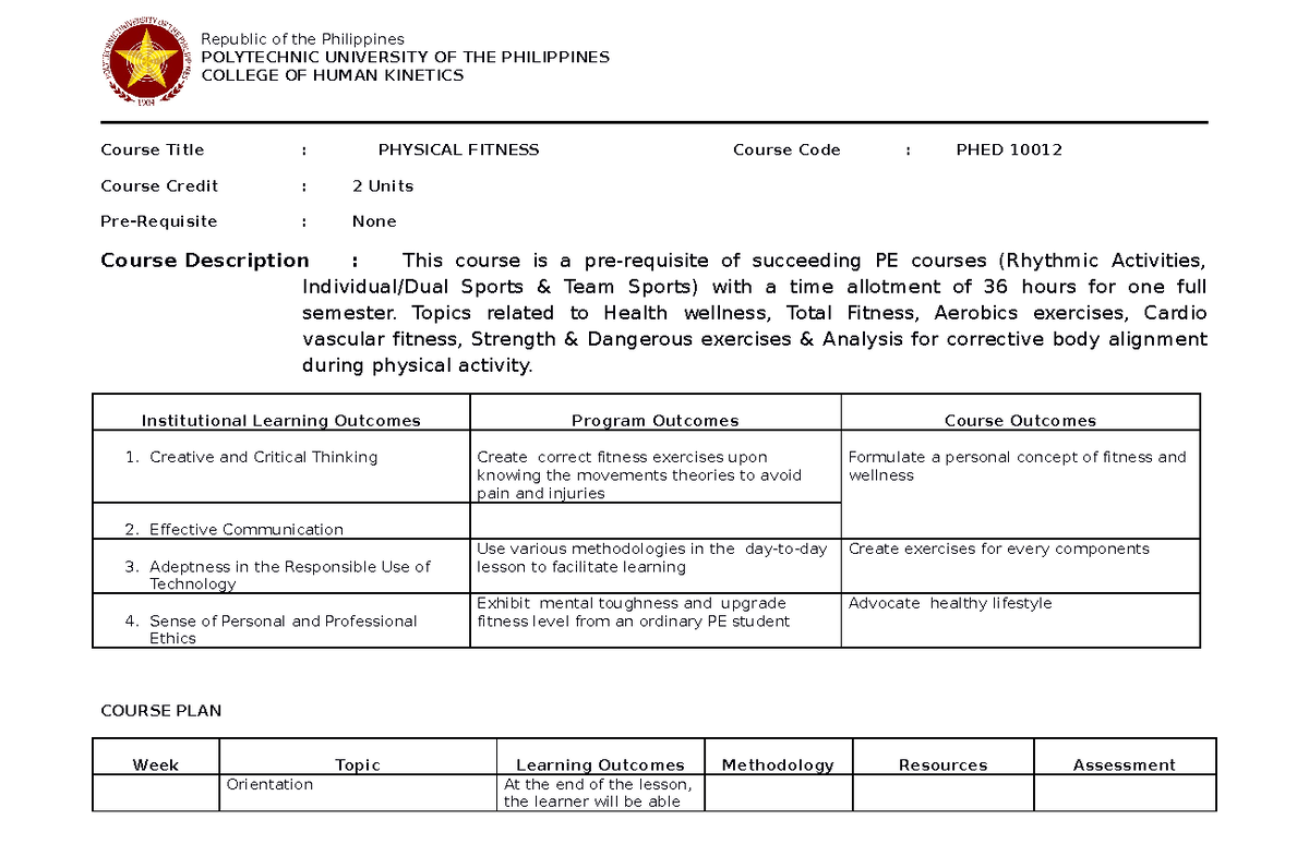 PHED 10012 Physical Education - Republic of the Philippines POLYTECHNIC ...