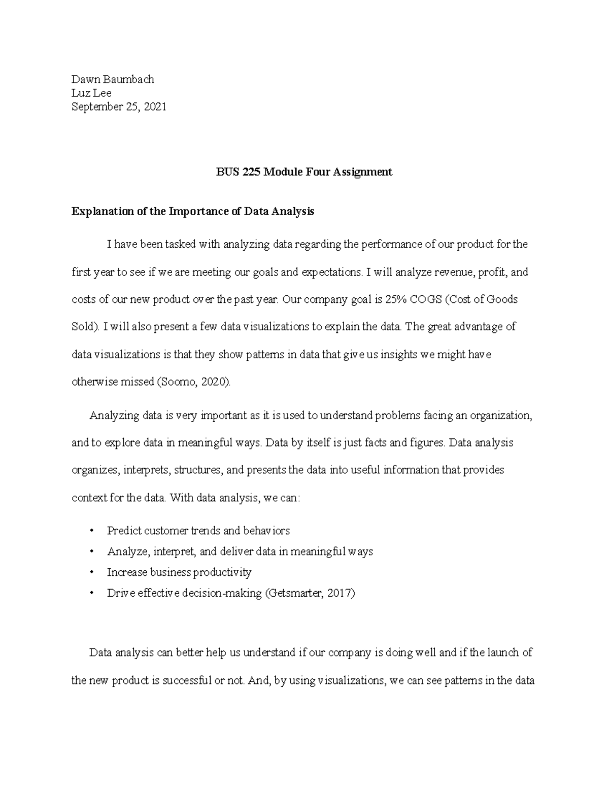 BUS225 Module Four Assignment - Dawn Baumbach Luz Lee September 25 ...