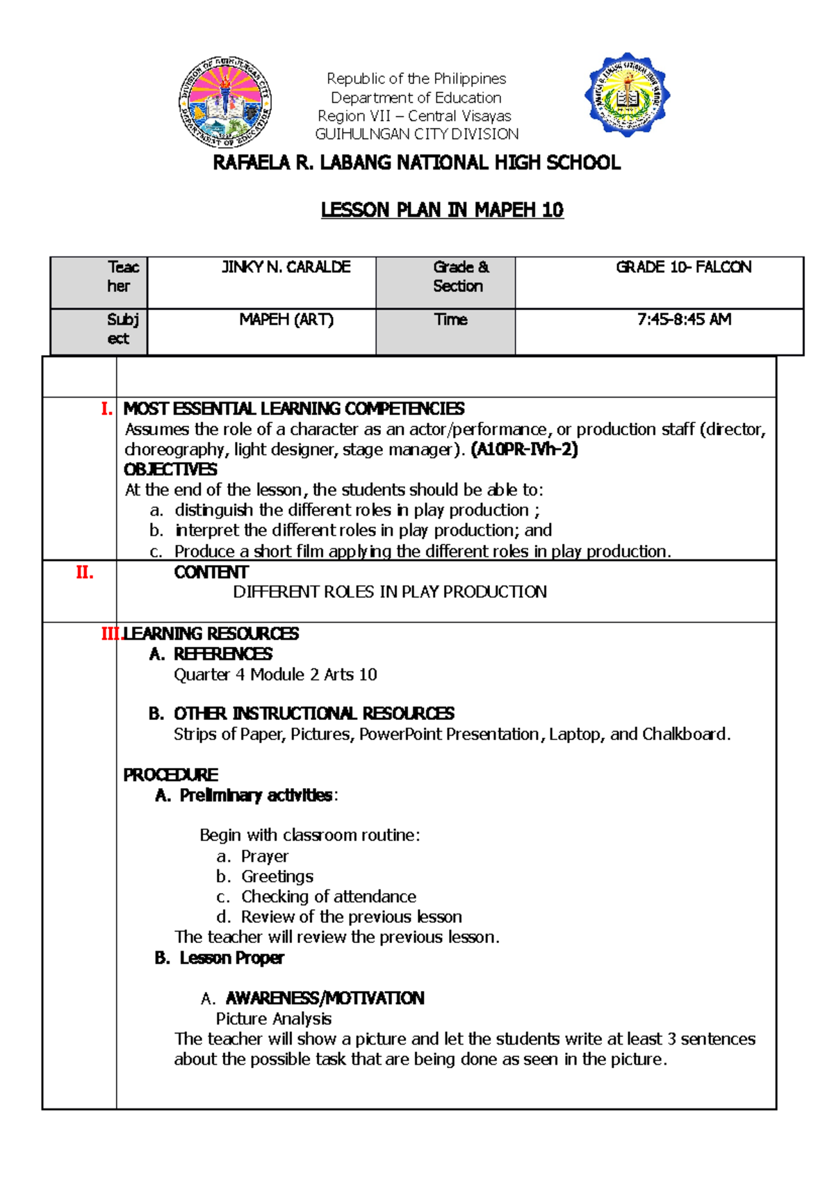 Arts 3 - Lesson Plan - Republic of the Philippines Department of Education Region VII – Central ...